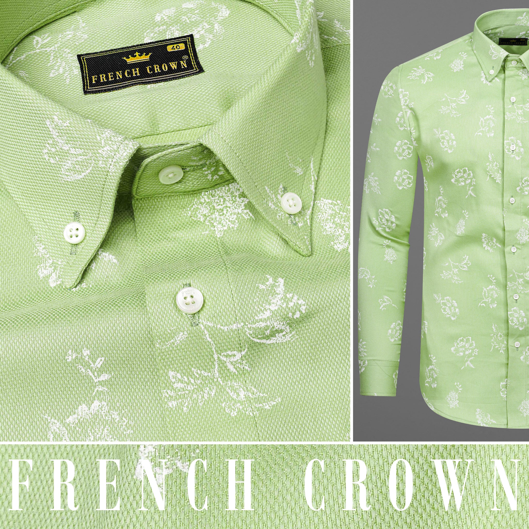 Pale Olive Green With White Floral Casual Textured Premium Cotton pale-olive-green-with-white-floral-casual-textured-premium-cotton