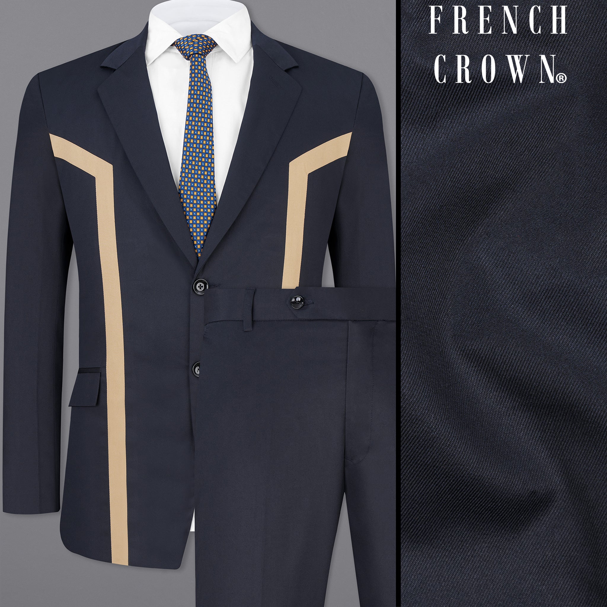 Thunder Navy Blue with Brown Textured Premium Cotton Single-Breasted-Suits for Men.