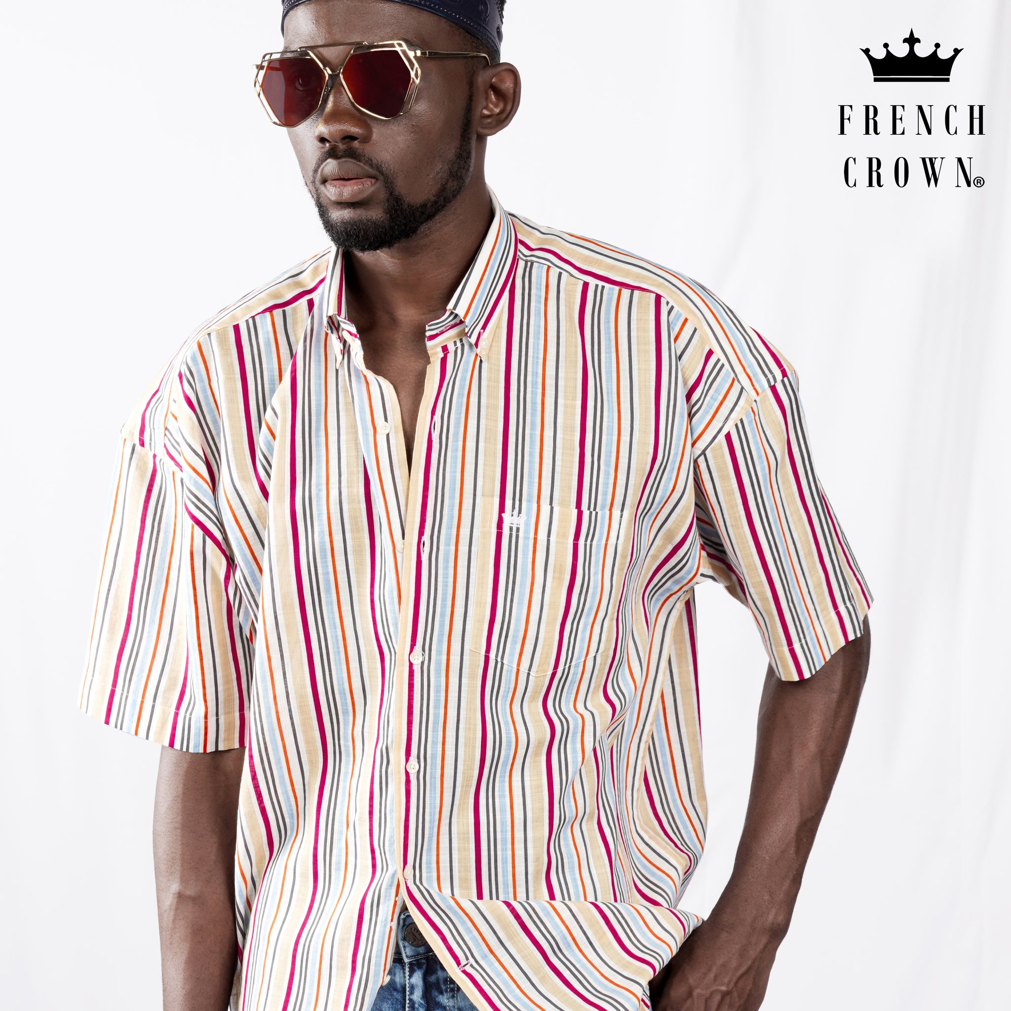 Peach with Debian Pink Casual Stripes Premium Cotton Button-Down Shirt ...