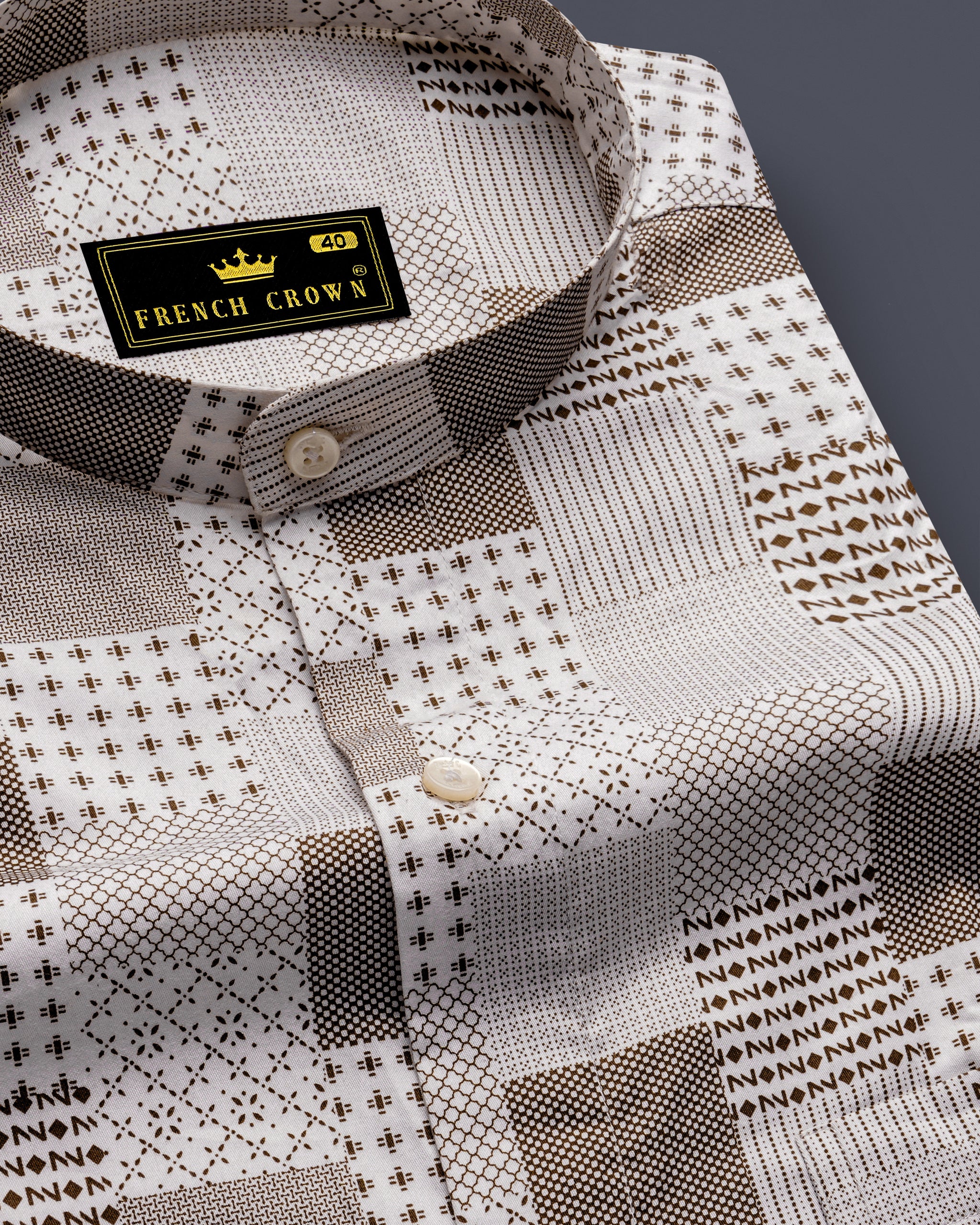 Bright White with Sepia Brown Formal/Casual Prints Premium Cotton Shirt ...