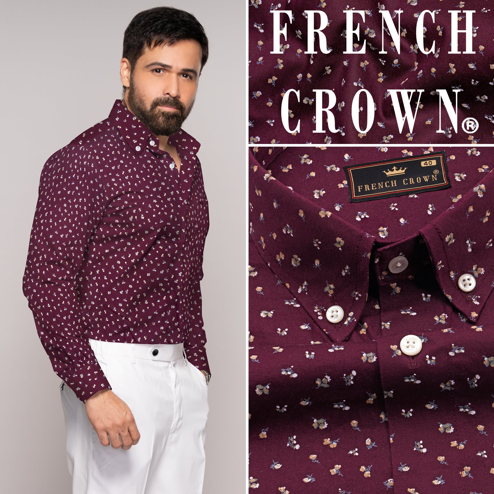 Wine Color with Ditsy Flower Formal/Casual Prints Premium Cotton Button ...
