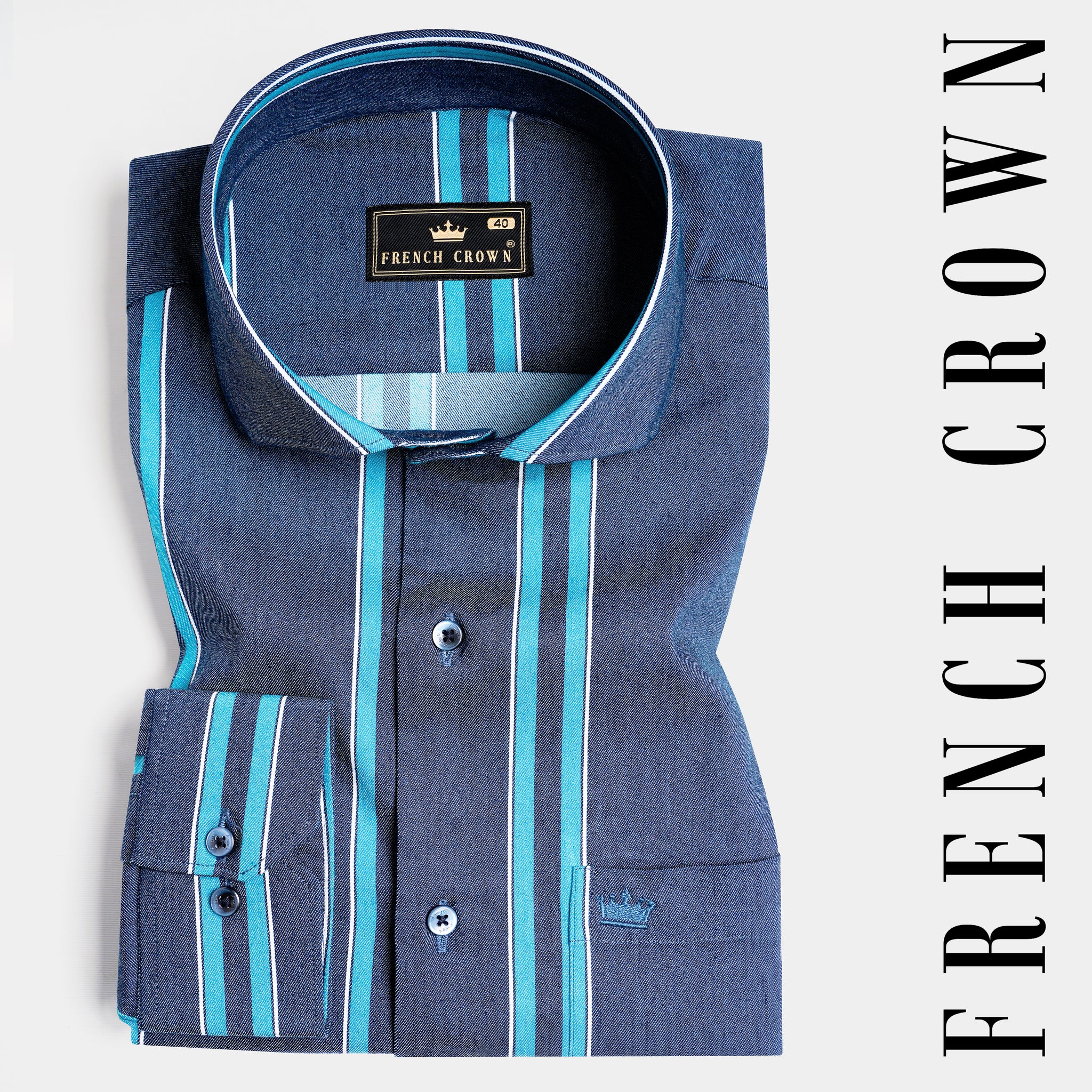 Fiord Blue and Cerulean Blue Casual Stripes Premium Cotton Shirt For Men
