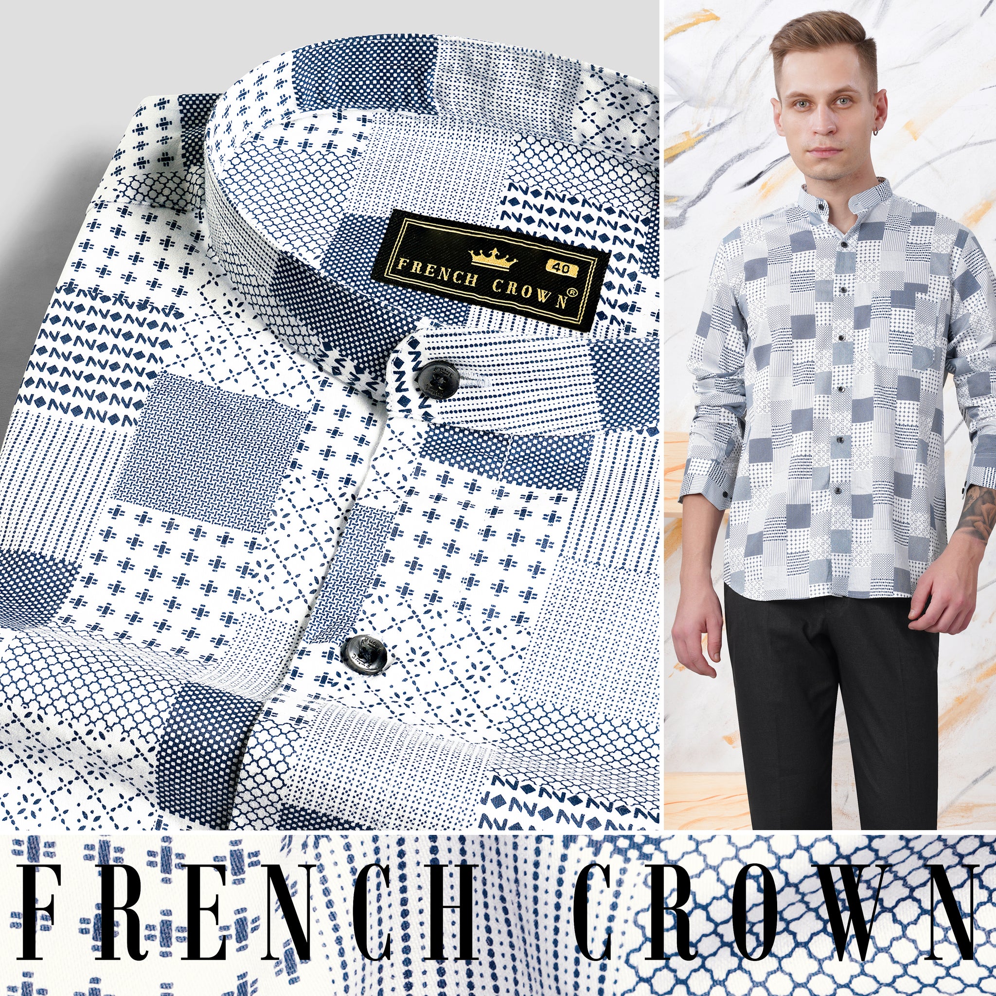 Bright White and Midnight Blue Casual Prints Premium Cotton Shirt For Men