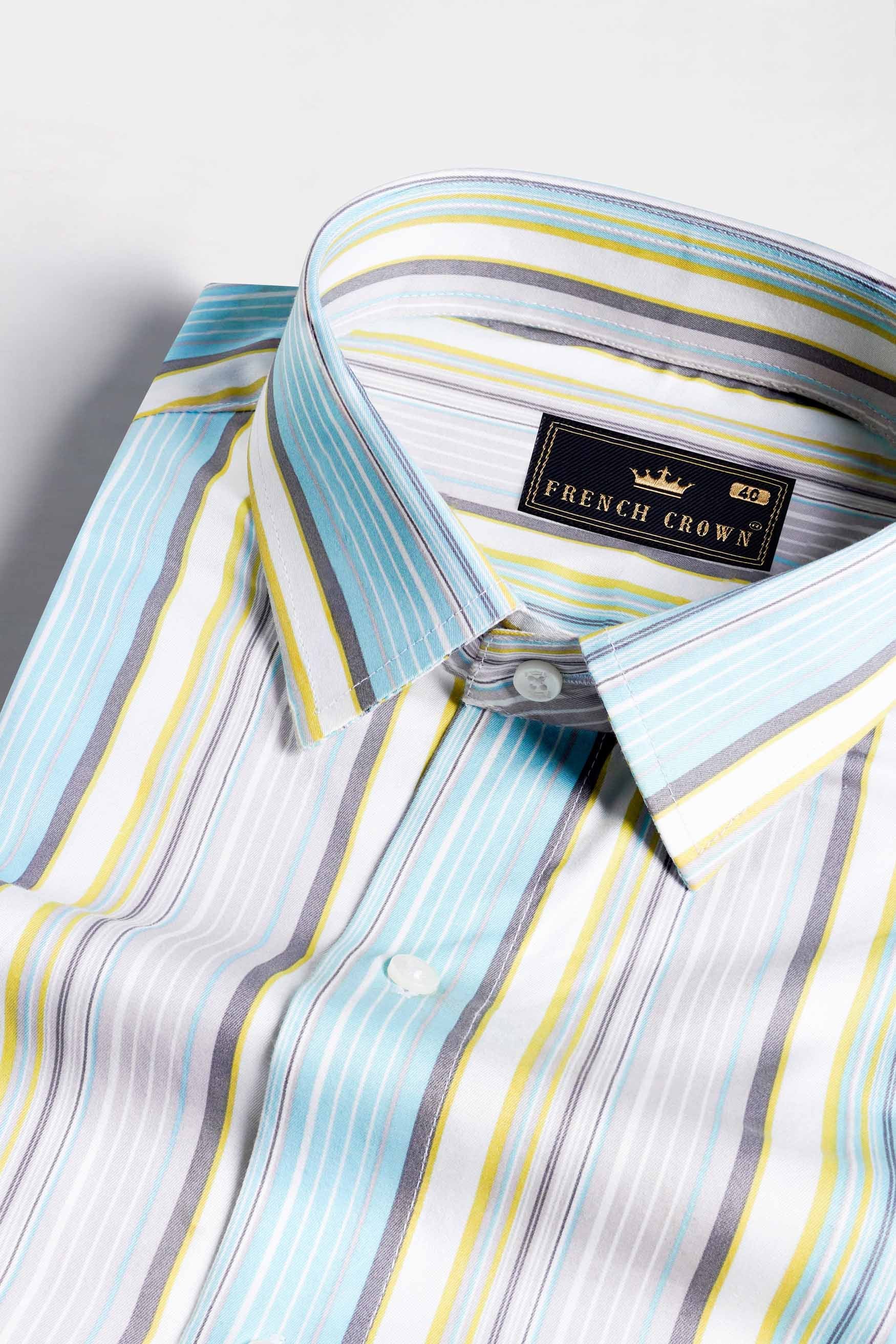 Tiffany Blue with Buff Yellow and White Casual Stripes Premium Cotton ...