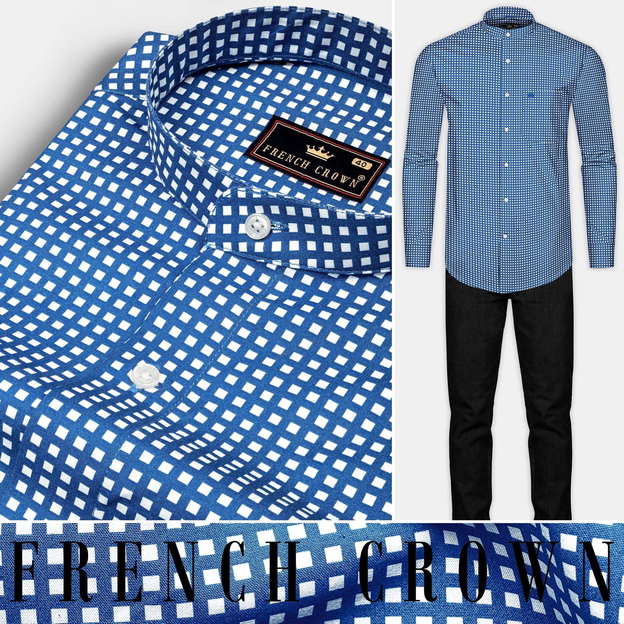Regal Blue and White Micro Square Casual Printed Premium Cotton Shirt ...