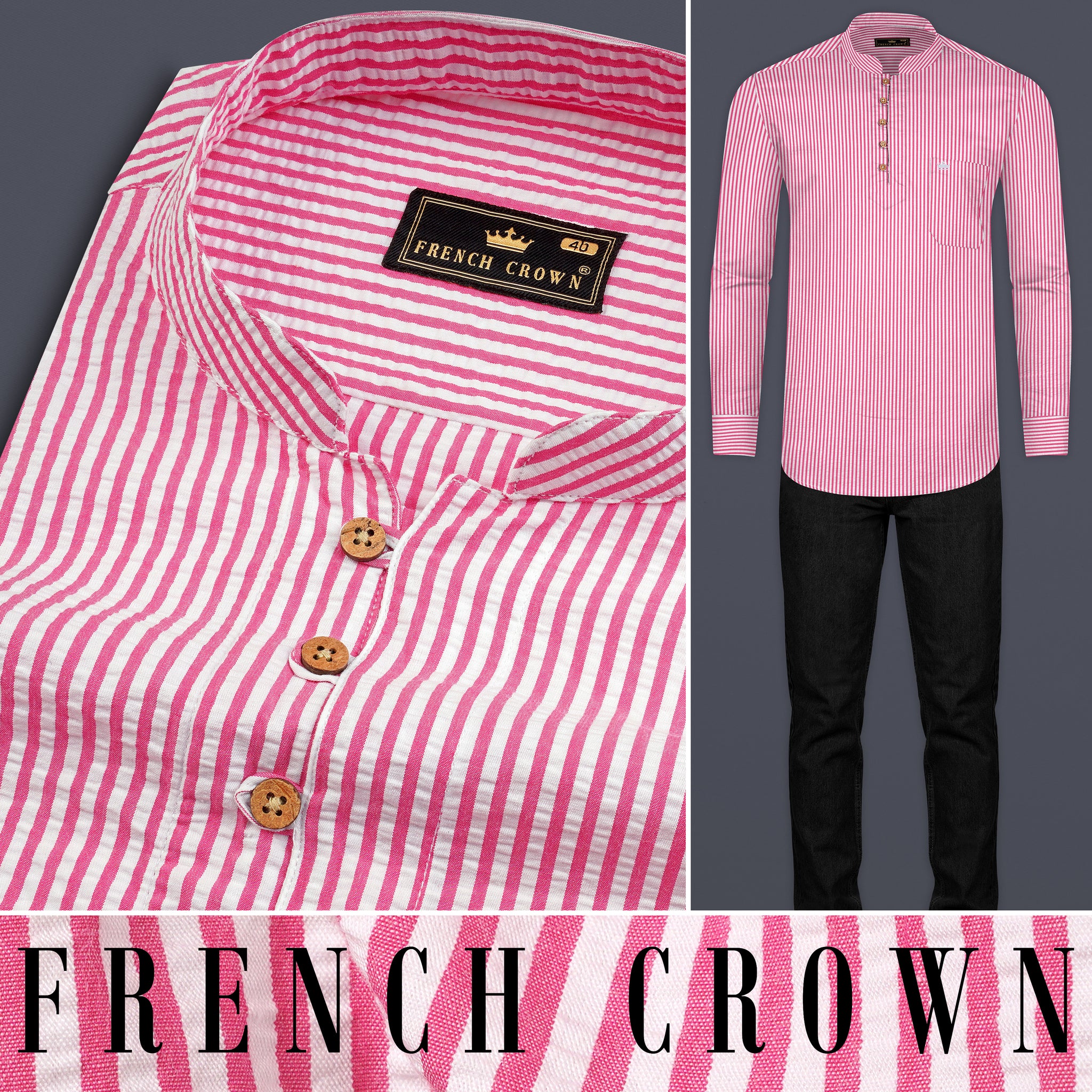 Raspberry Pink with Vista White Stripes Premium Cotton Indian Kurta ...