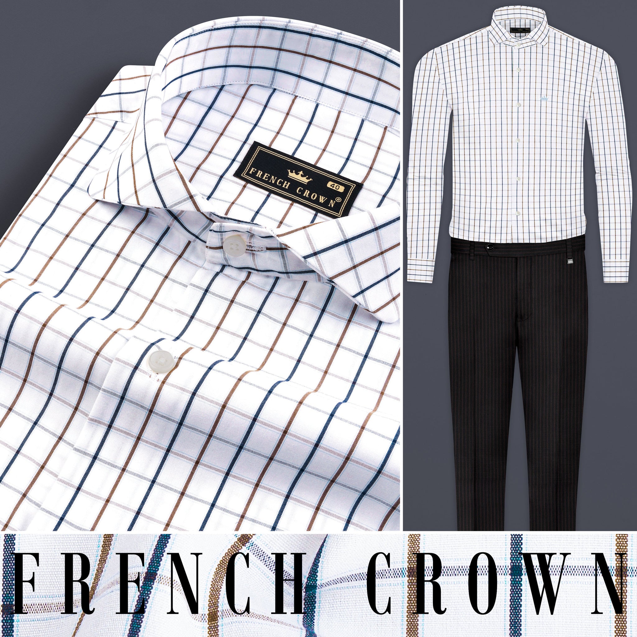Bright White with Tealish Blue and Ironstone Brown Formal Checks Plaid ...