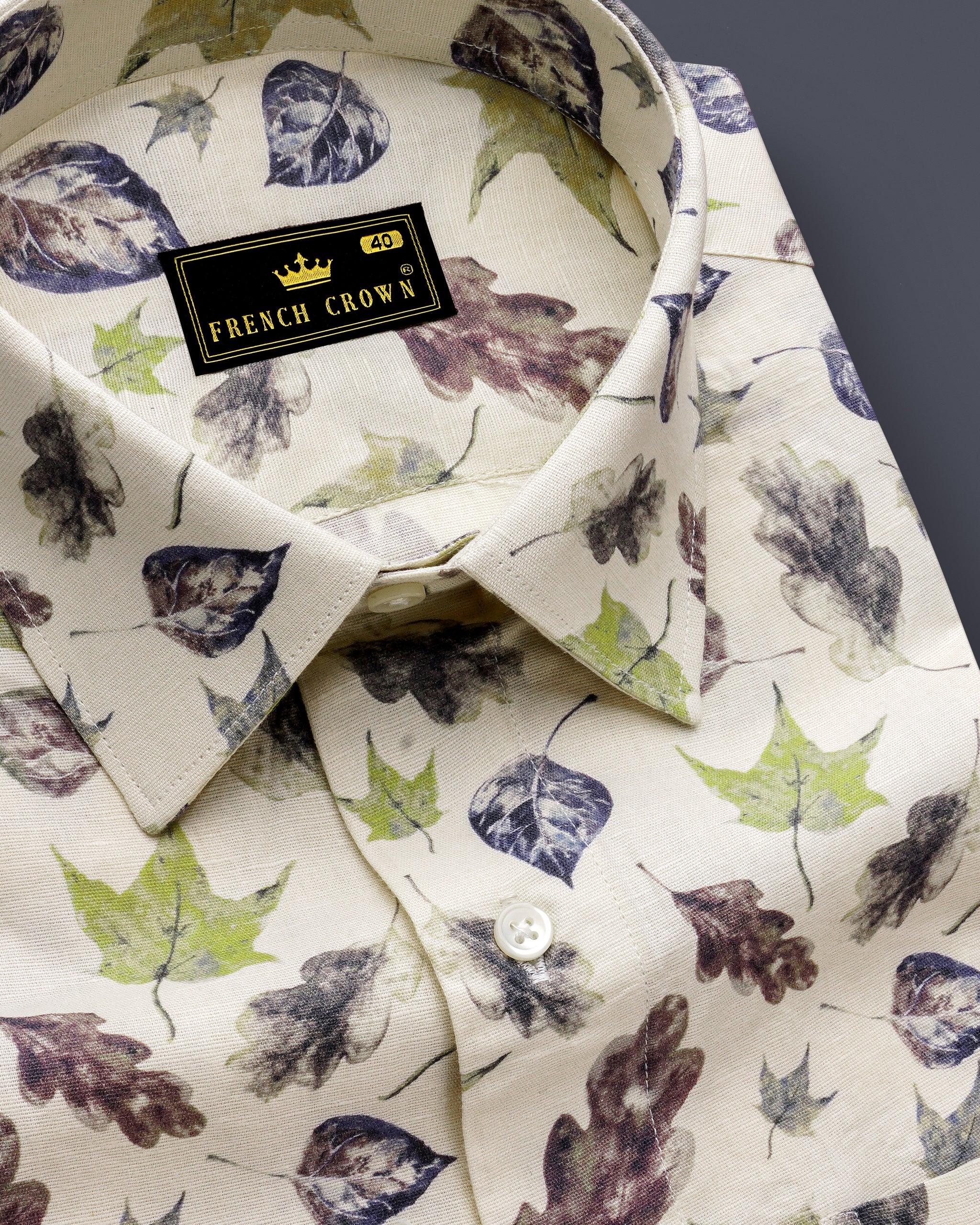 Wheatfield Beige Multicolour Leaves Casual Prints Premium Linen Shirt ...