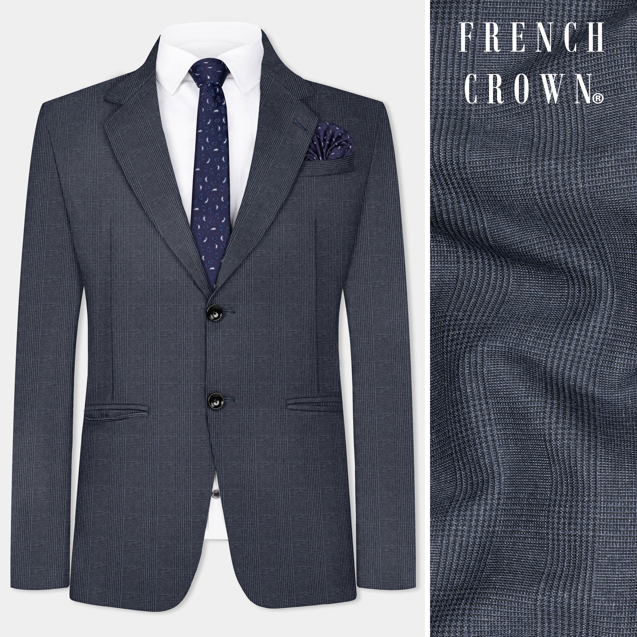 Gun Powder Gray Plaid Premium Wool Blend Single Breasted Blazer For Men.