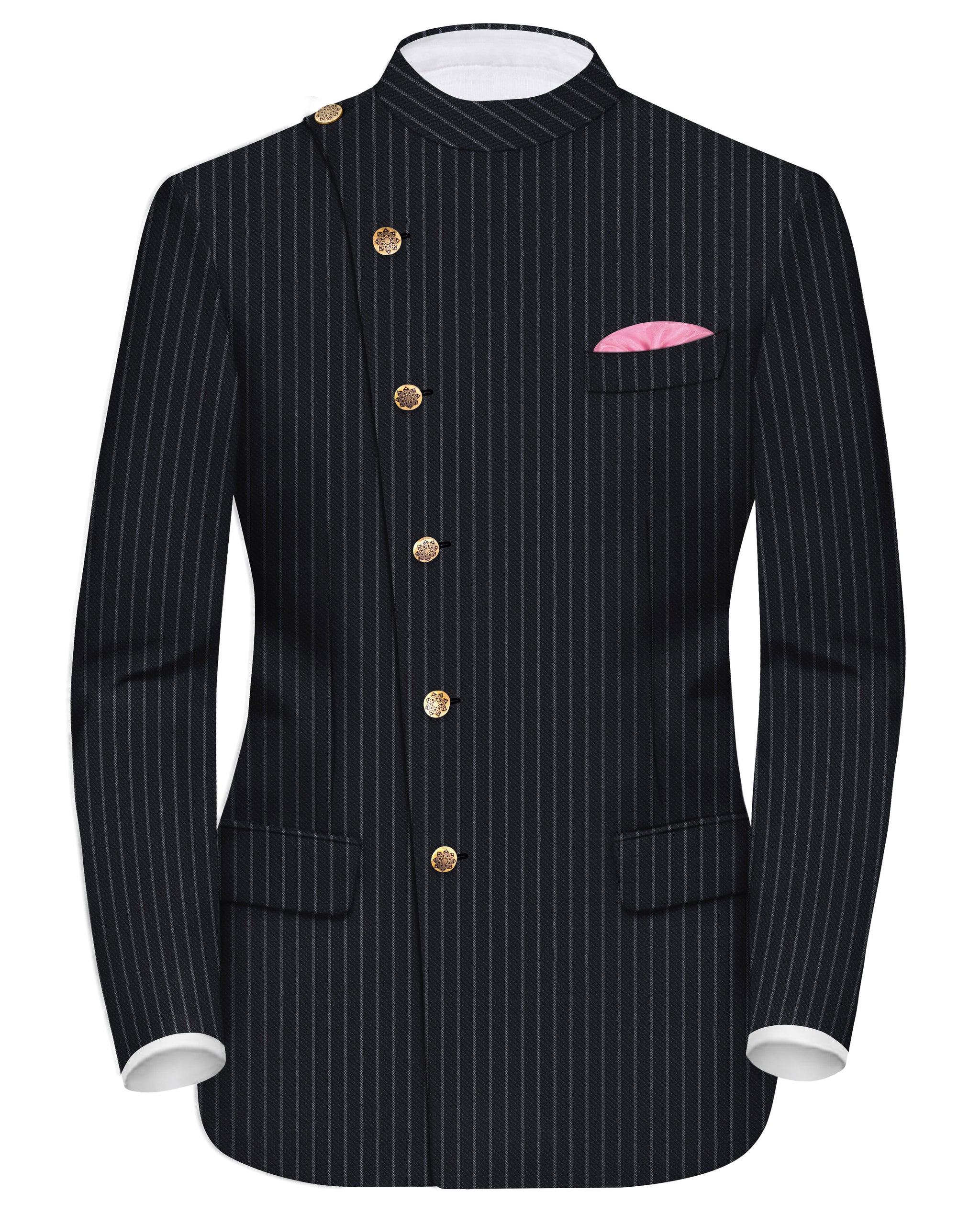 Piano Black Stripes Premium Wool Blend Bandhgala/Jodhpuri Blazers for Men.