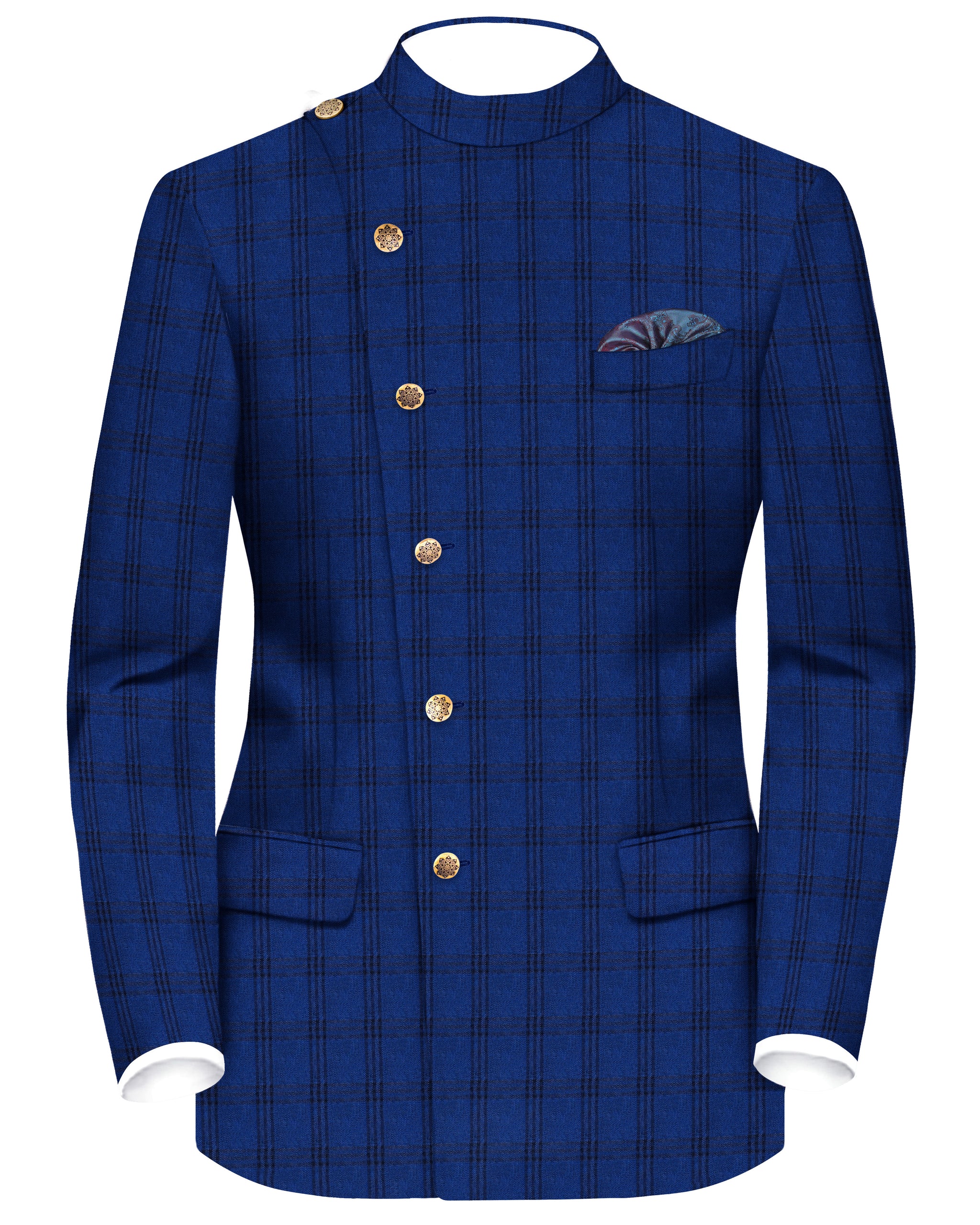 Cloud Burst Blue With Black Checks-Plaid Premium Terry Rayon Bandhgala ...
