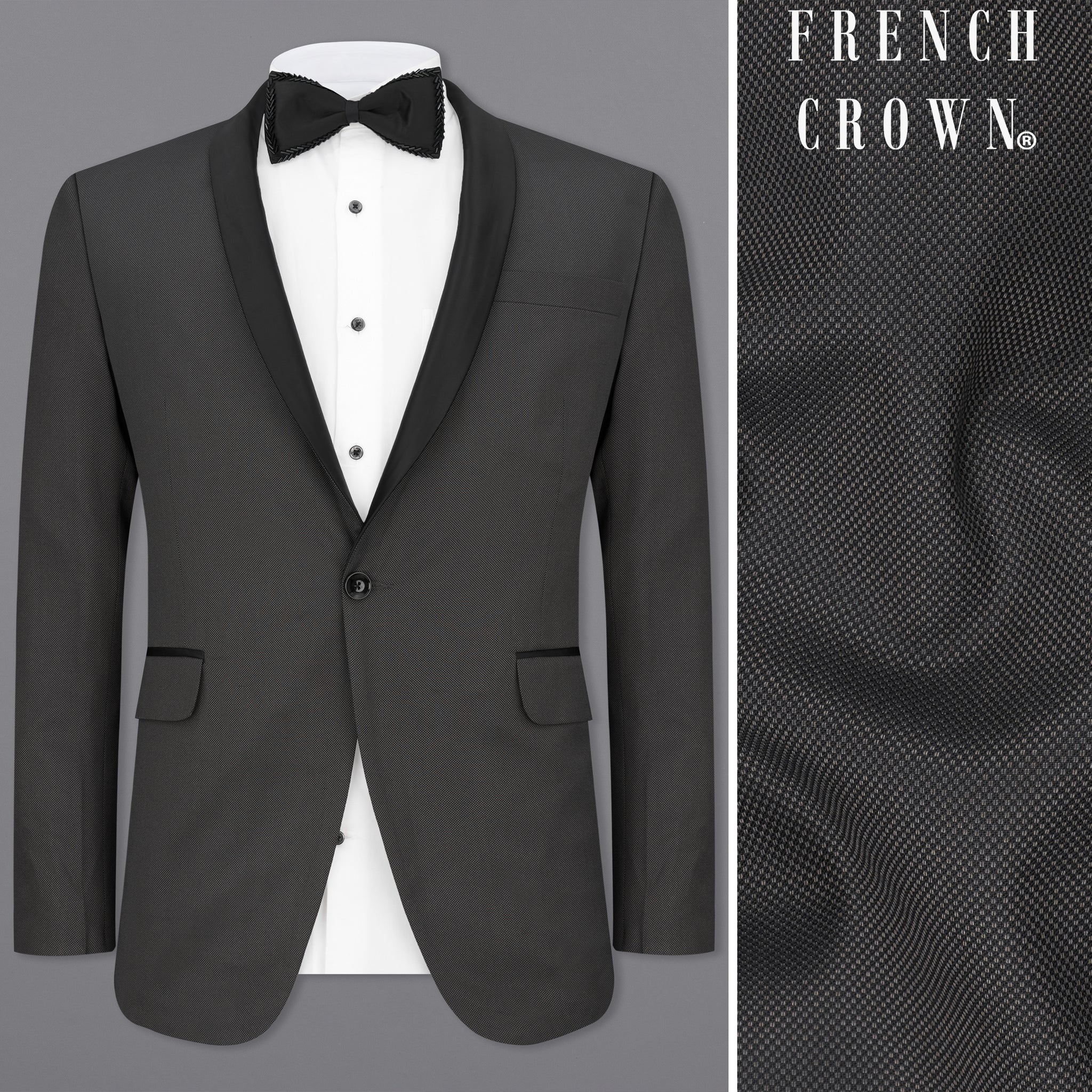 Fuscous Grey Textured Premium Terry-Rayon Tuxedo-Blazer for Men.