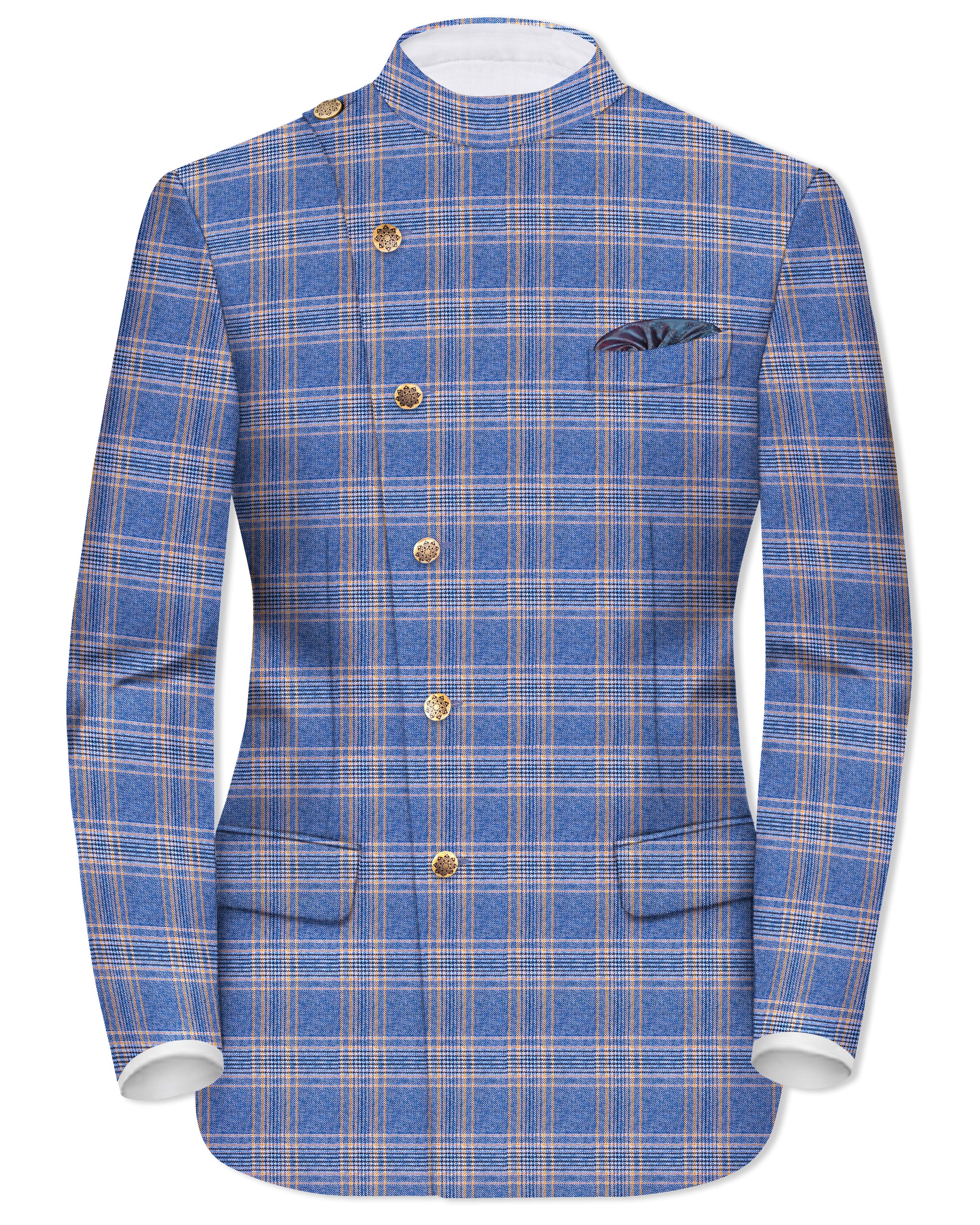 Scampi Blue and Muesli Brown Checks-Plaid Premium Wool-Blend Bandhgala ...