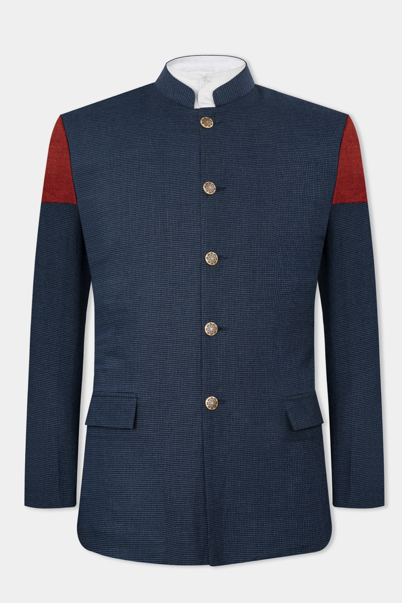 Limed Spruce Blue Wool Rich Bandhgala Designer Blazer With Houndstooth ...