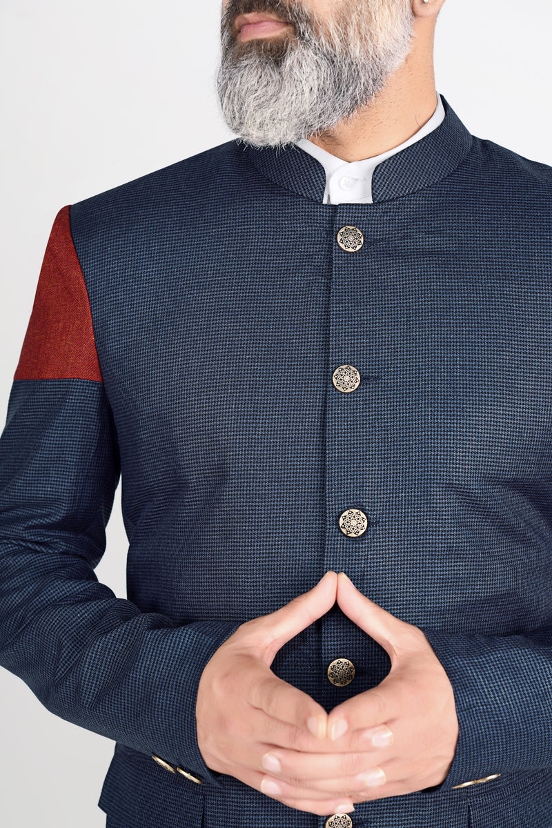 Limed Spruce Blue Wool Rich Bandhgala Designer Blazer With Houndstooth ...