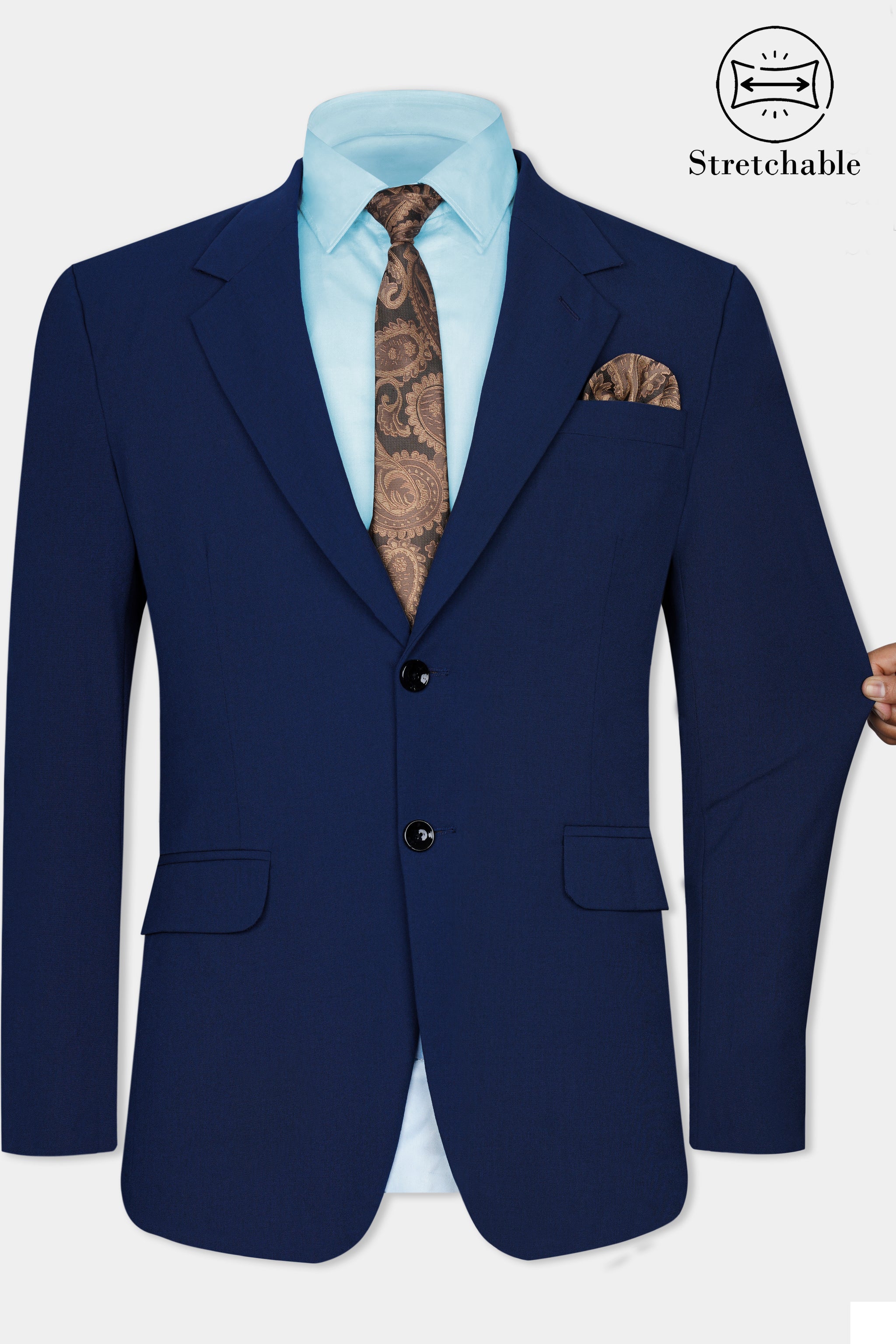 Midnight Blue Plain-Solid Premium Wool Blend Single Breasted Blazers ...