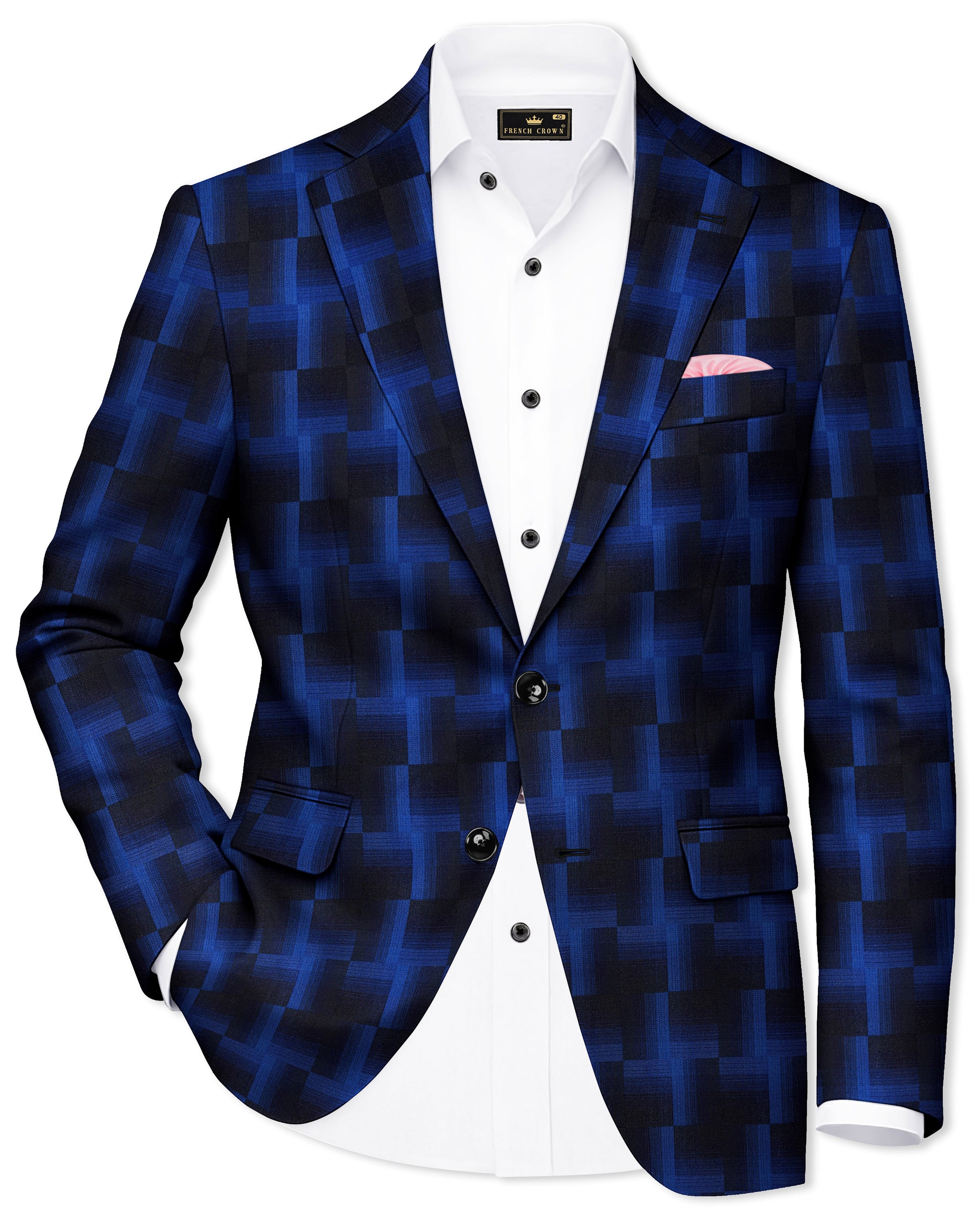 Marine Blue and Black Textured Premium Wool Blend Single Breasted ...