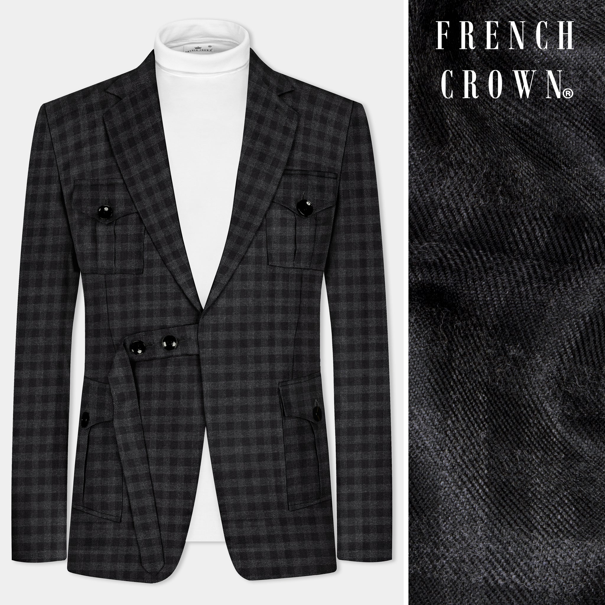 Piano Gray Checks-Plaid Premium Wool Blend Single Breasted Blazer For Men.