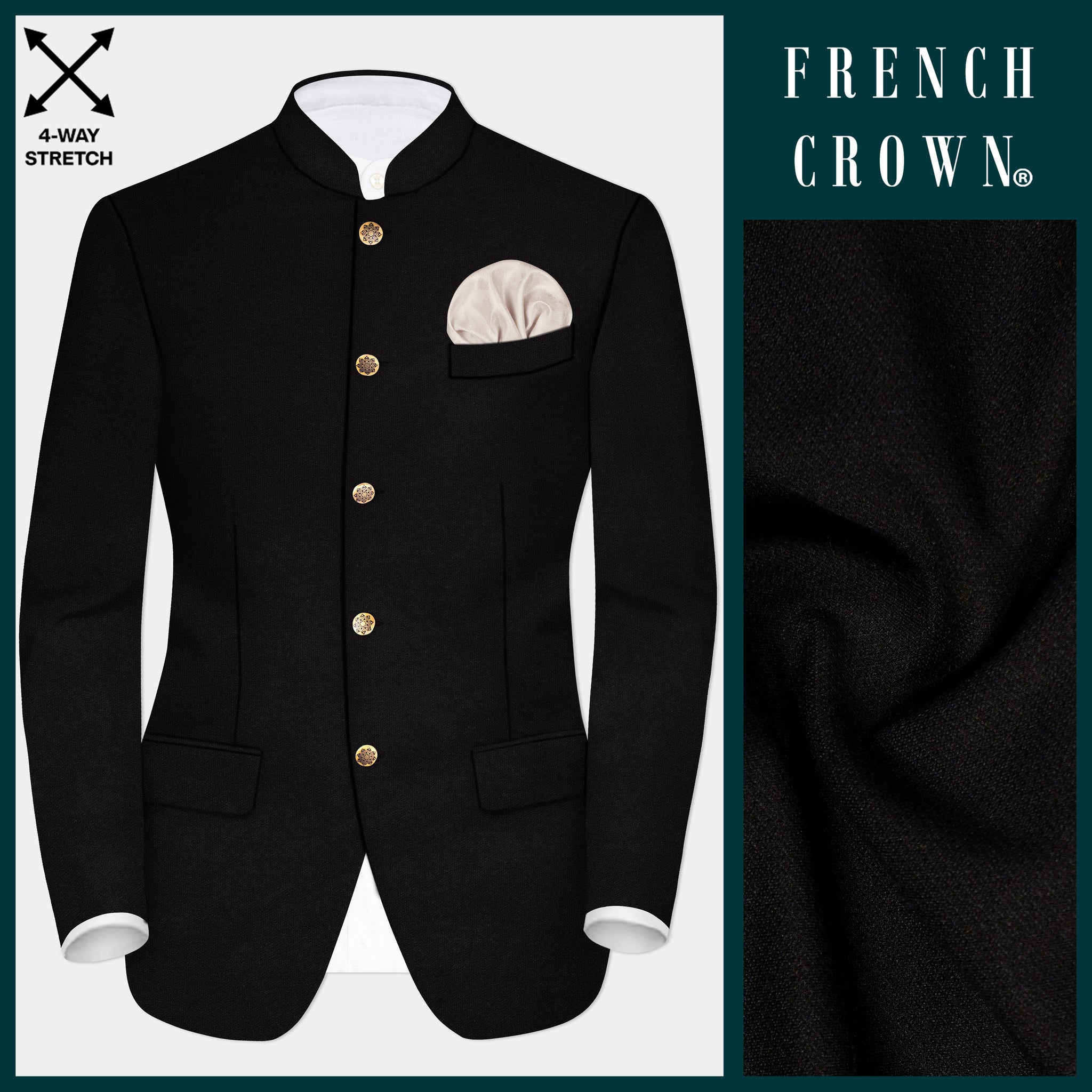 NoirFlex-Jade Black 4-Way Stretch Textured Premium Wool Blend Bandhgala ...