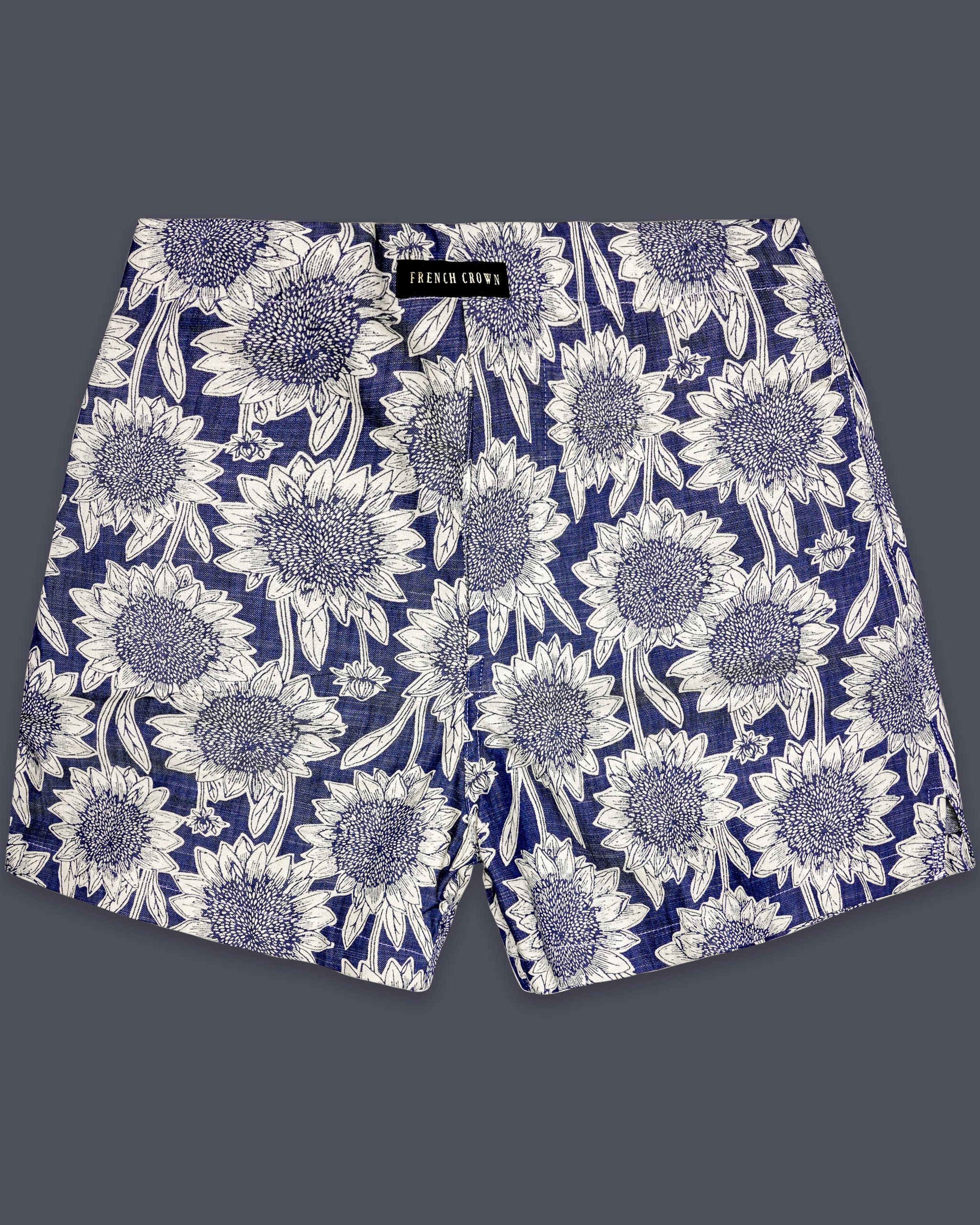 Ebony Blue And Mercury Cream Sunflower Printed Cotton Boxer For Man