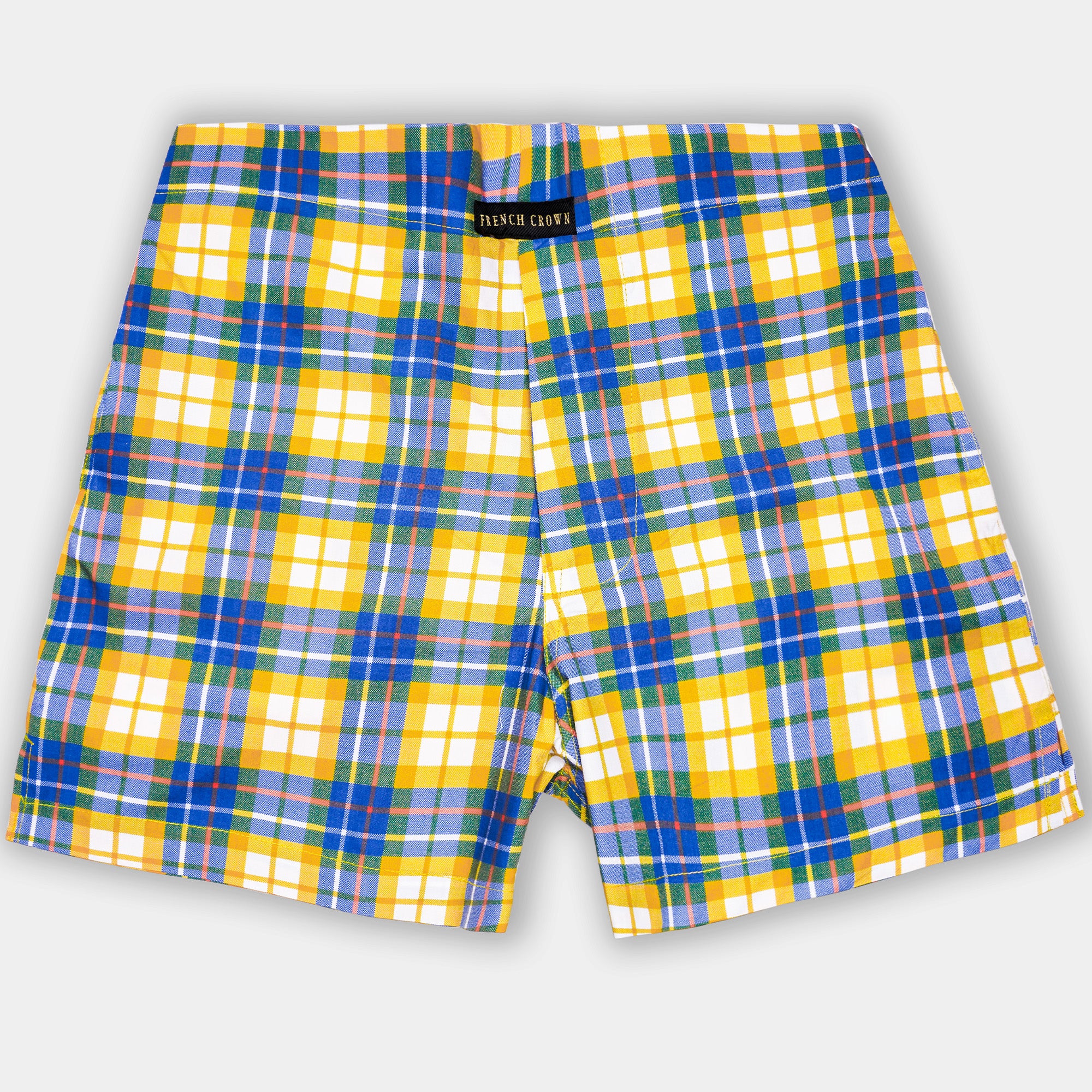 Macaroni Yellow And Mariner Blue Plaid Premium Linen Boxers For Man