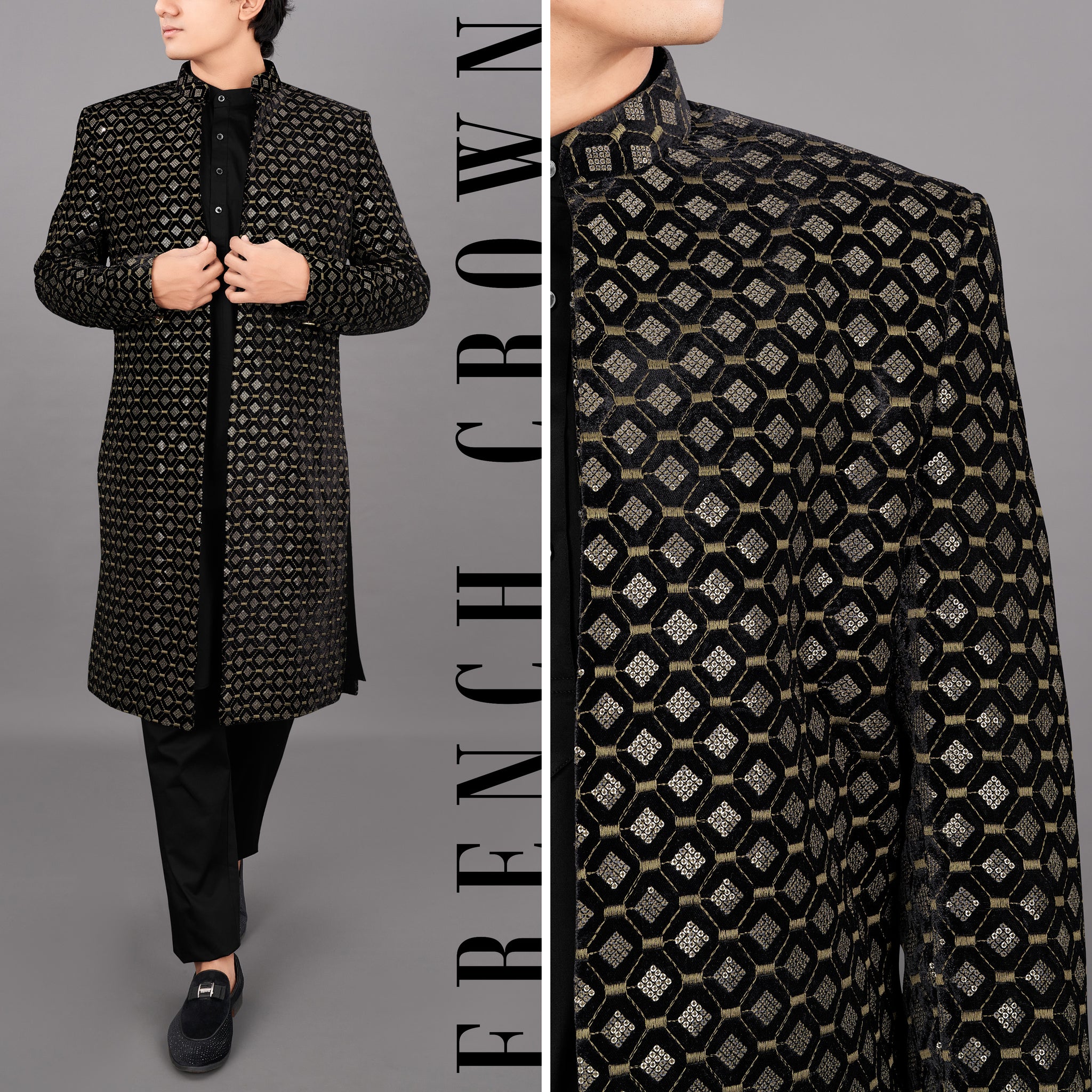 Jade Black And Husk Brown Textured Premium Wedding Sherwani For Men ...
