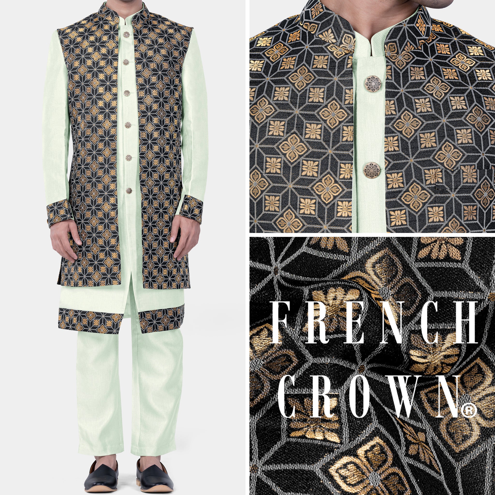 Zanah Green Jacquard Weave Textured Premium Polyester Wedding Indo ...