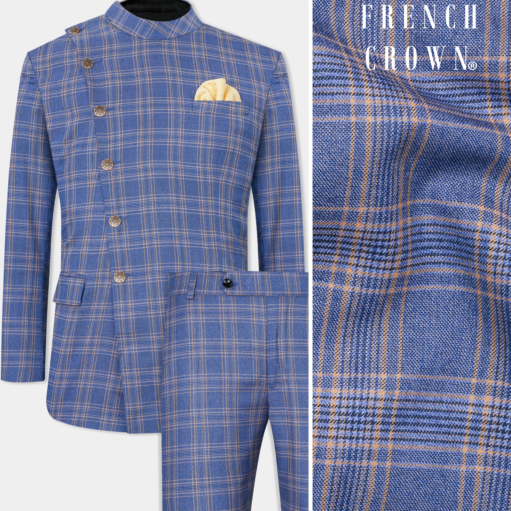 Scampi Blue and Muesli Brown Checks-Plaid Premium Wool-Blend Bandhgala ...