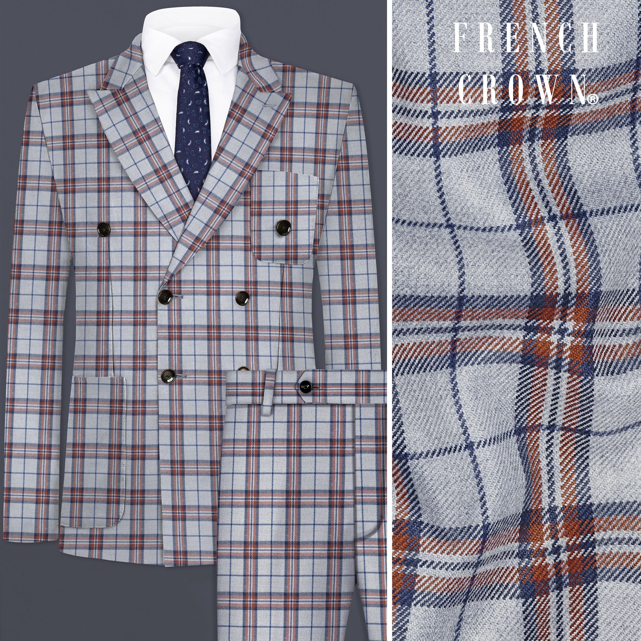 Cadet Grey with Maroon and Blue Plaid Premium Tweed Double Breasted ...