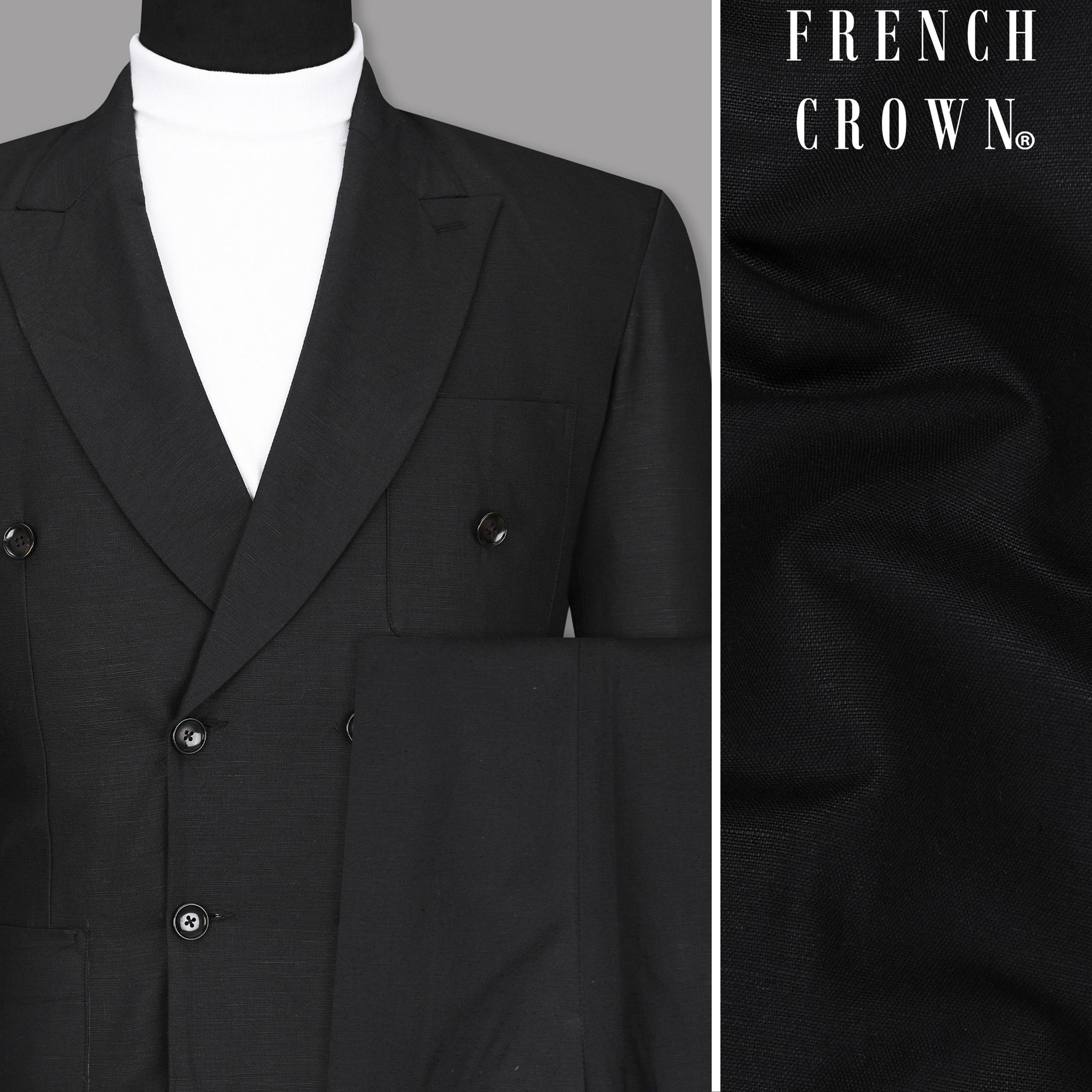 Jet Black Plain-Solid Double Breasted Premium Linen Suits For Men