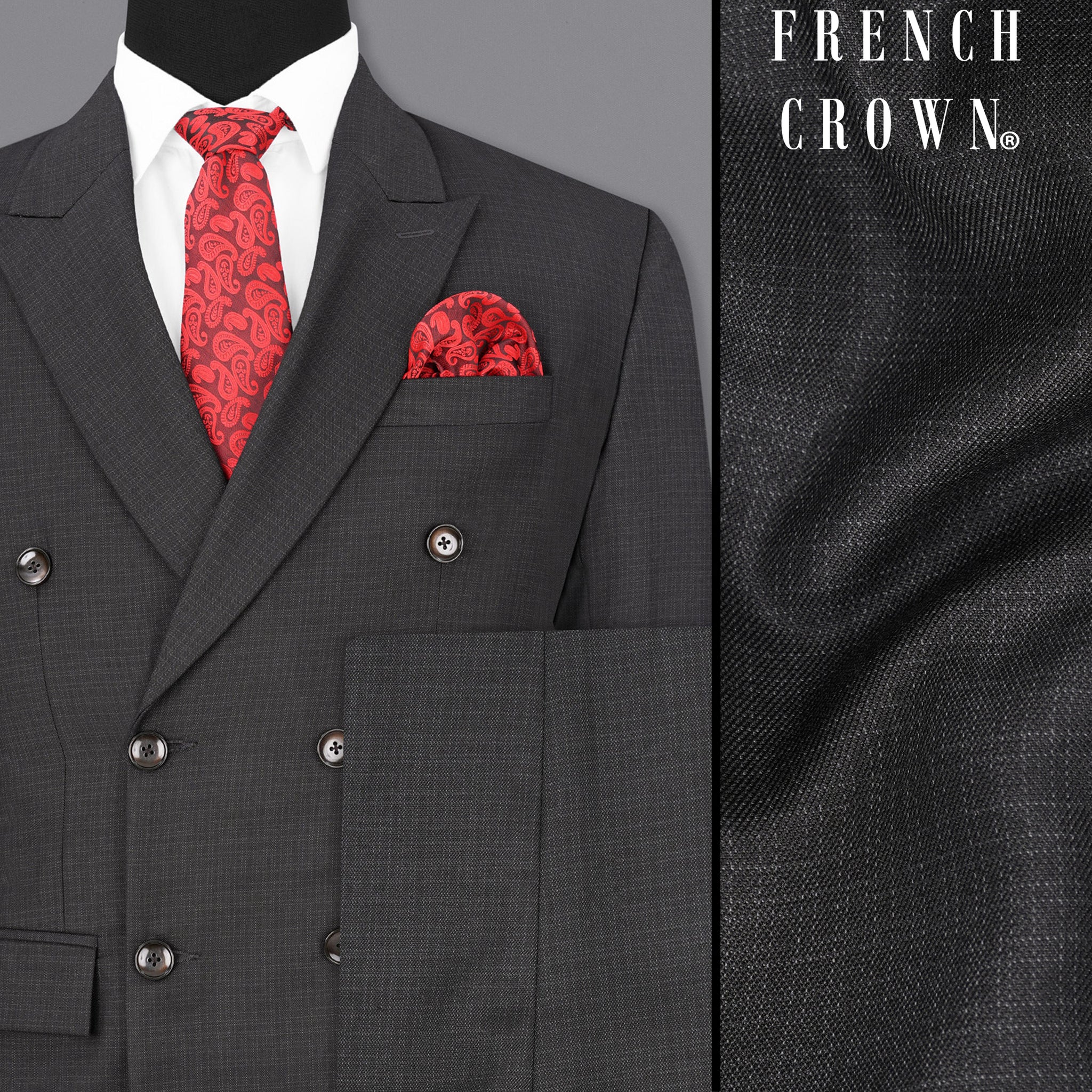 Tuatara Grey Textured Double Breasted Premium Terry-Rayon Suits For Men
