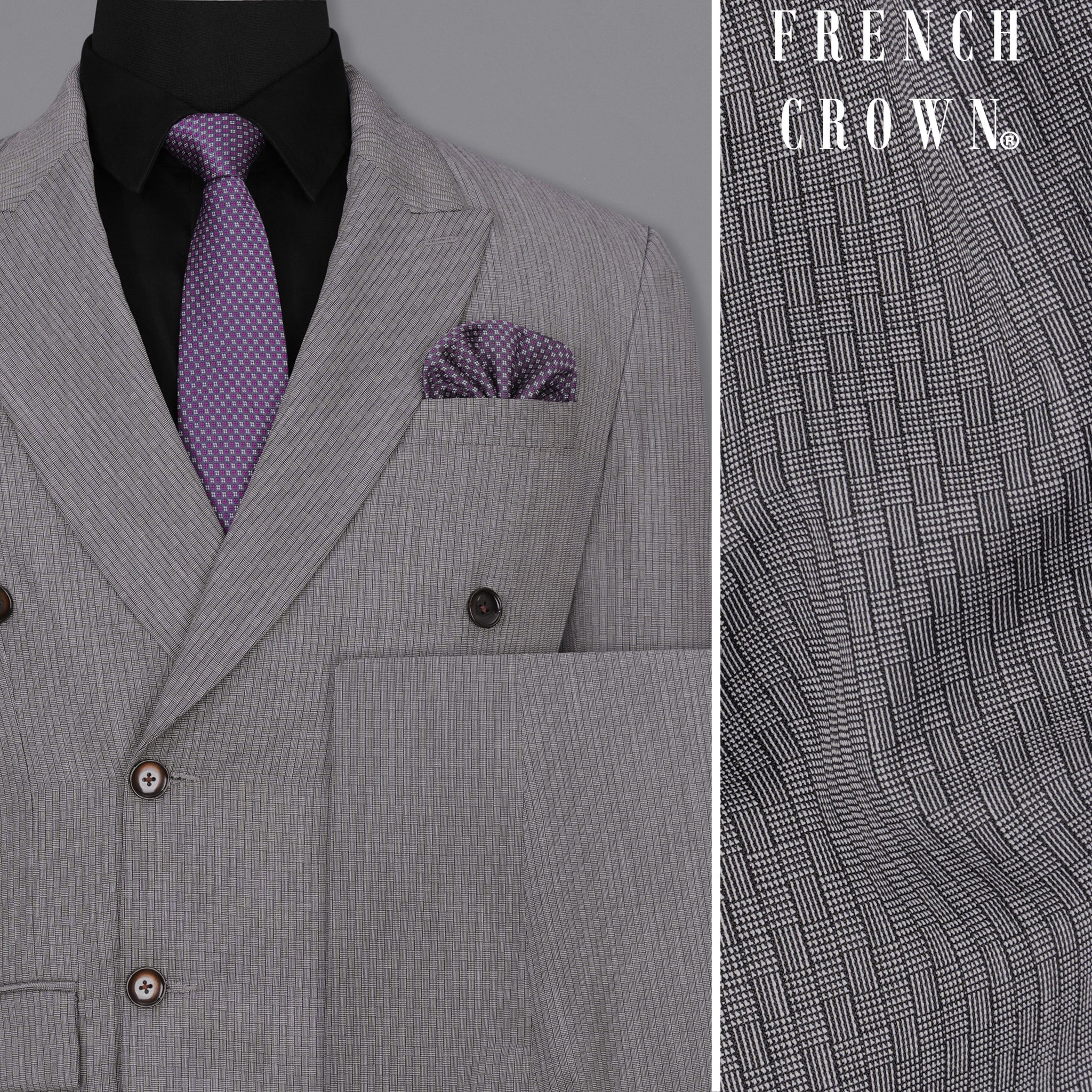 Mobster Gray Textured Premium Terry Rayon Double-Breasted-Suits for Men.