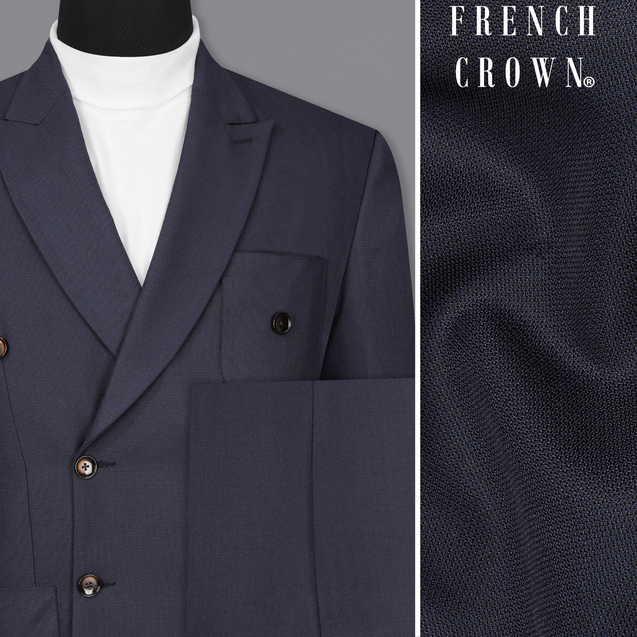 Bleached Cedar Navy Blue Textured Premium Terry Rayon Double-Breasted ...