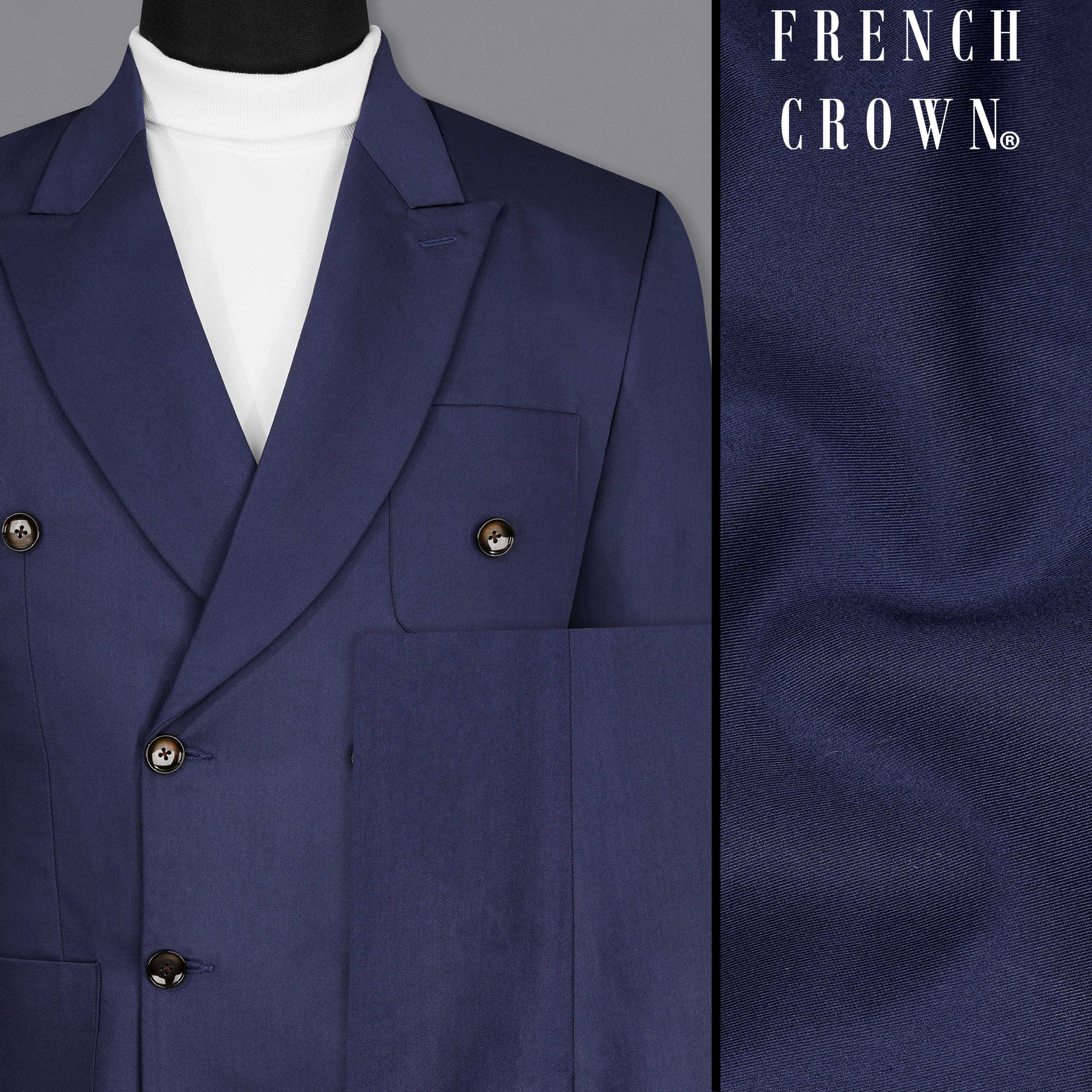 Ebony Clay Blue Textured Premium Terry Rayon Double-Breasted-Suits for Men.
