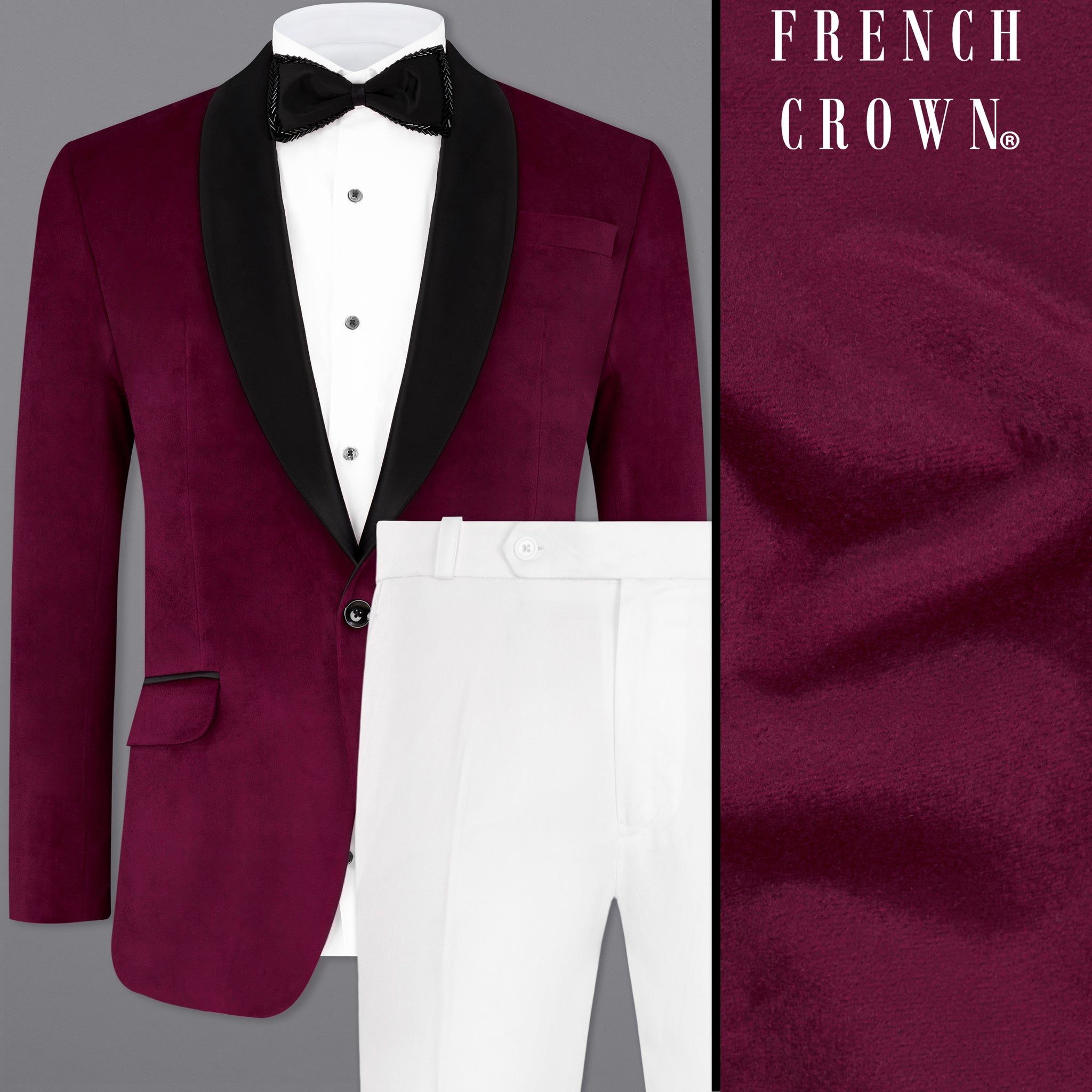 Castro Maroon Velvet Plain-Solid Premium Tuxedo-Suit for Men.