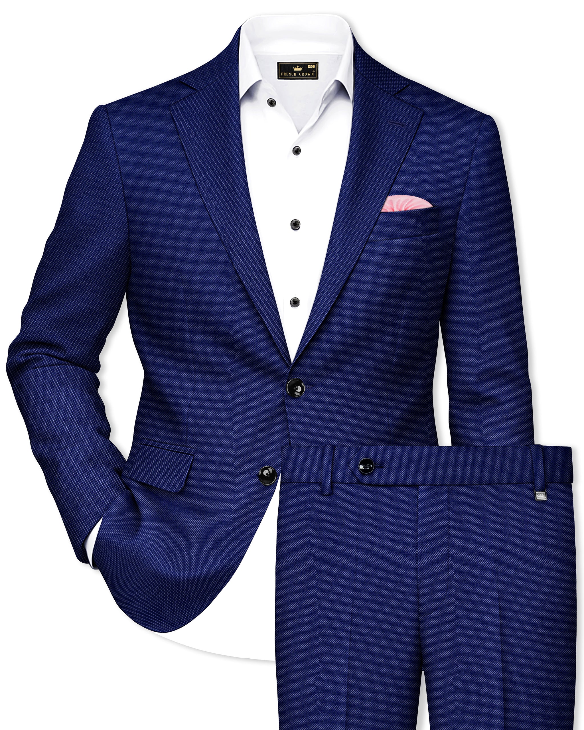 Ebony Clay Blue Textured Premium Terry-Rayon Single-Breasted-Suits for Men.