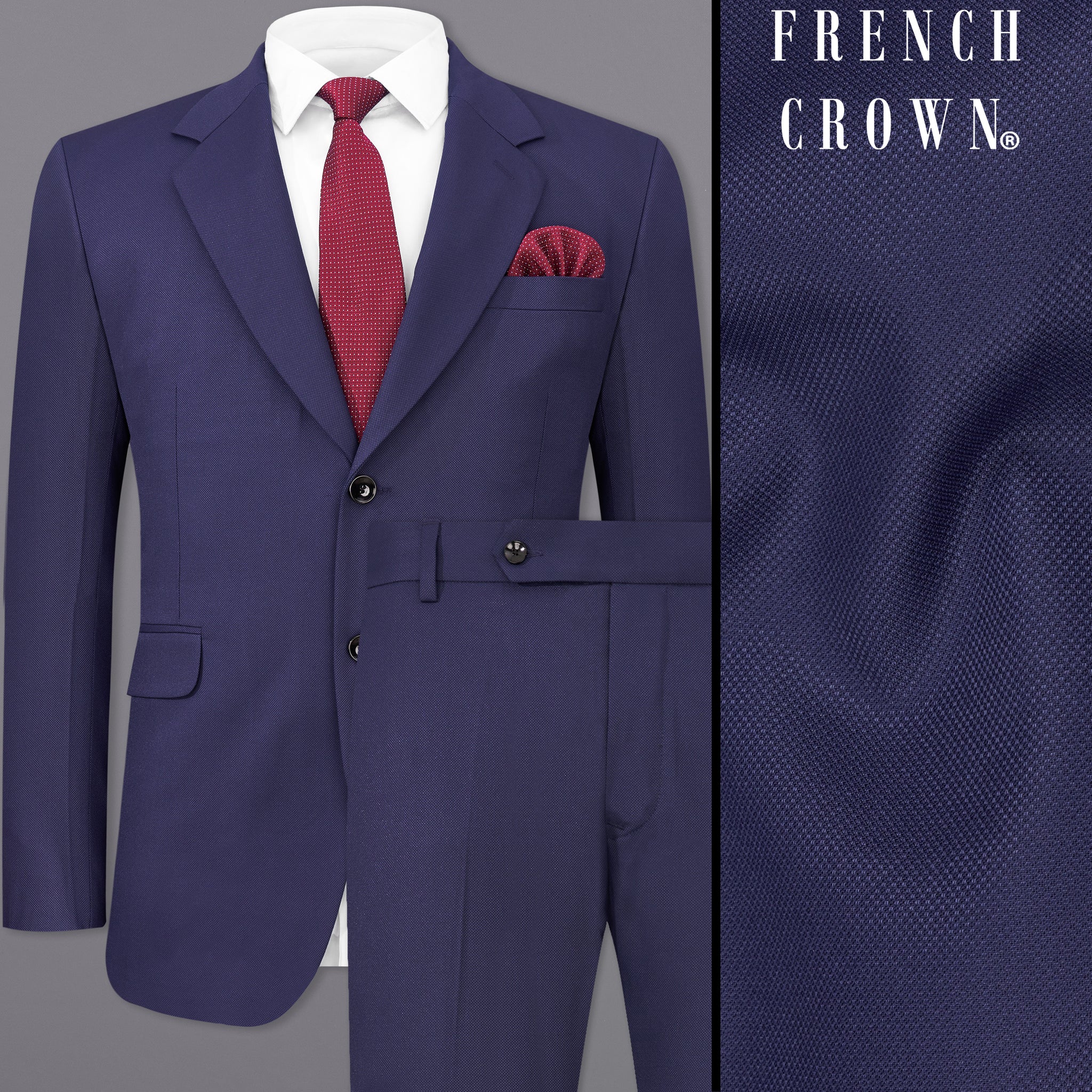 Ebony Clay Blue Textured Premium Terry-Rayon Single-Breasted-Suits for Men.