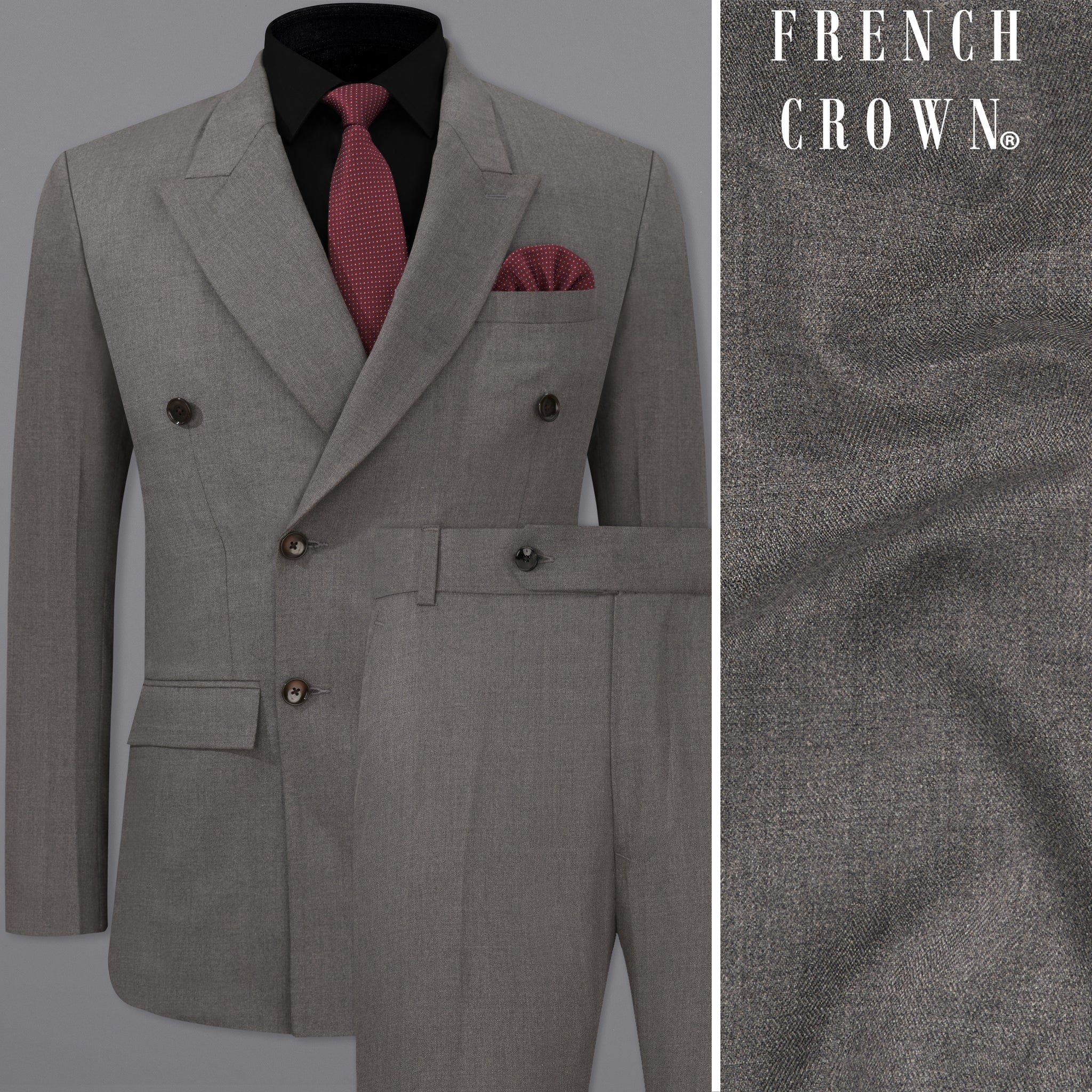 Tundora Grey Textured Premium Terry-Rayon Double-Breasted-Suits for Men.