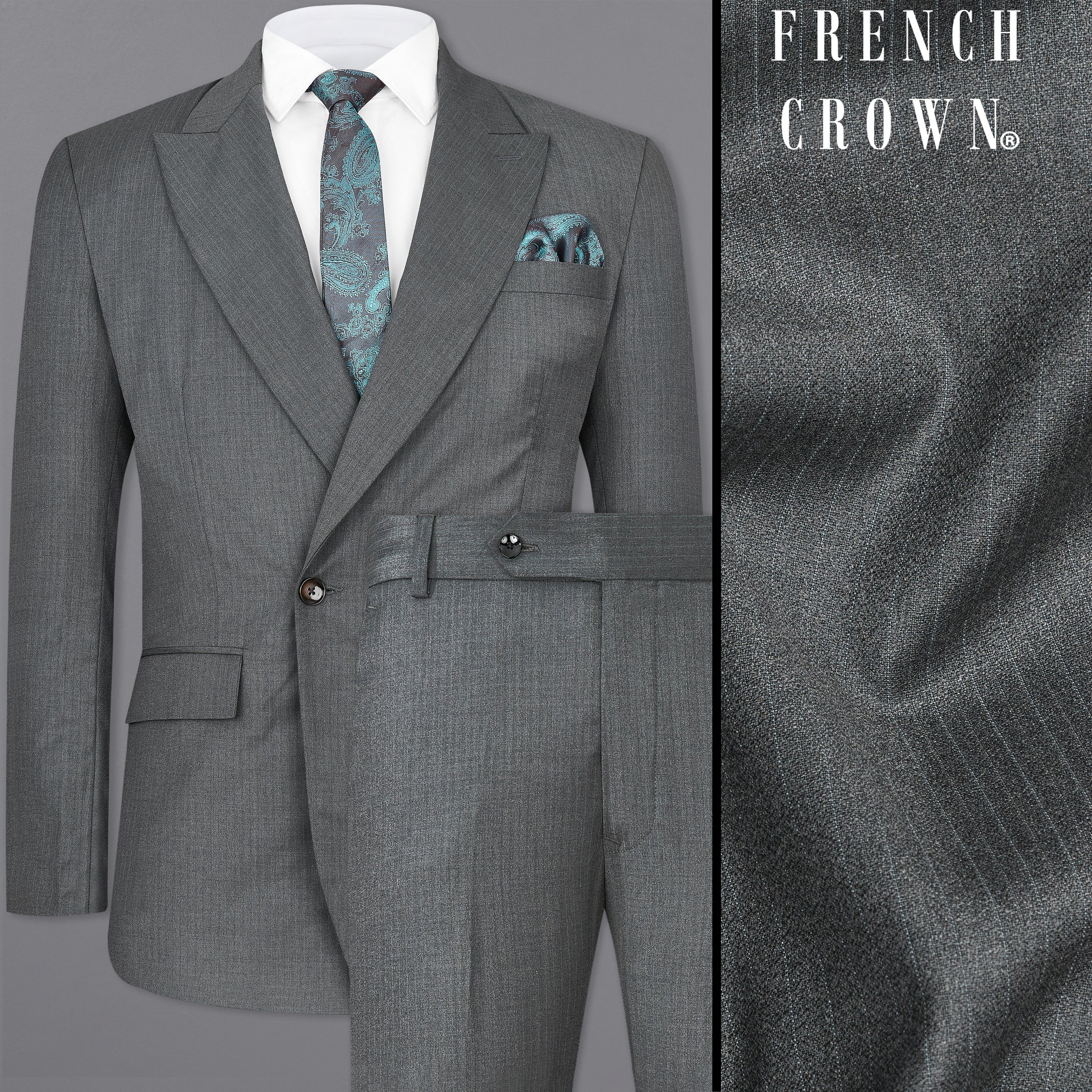 Vampire Gray Textured Premium Terry-Rayon Double-Breasted-Suits for Men.