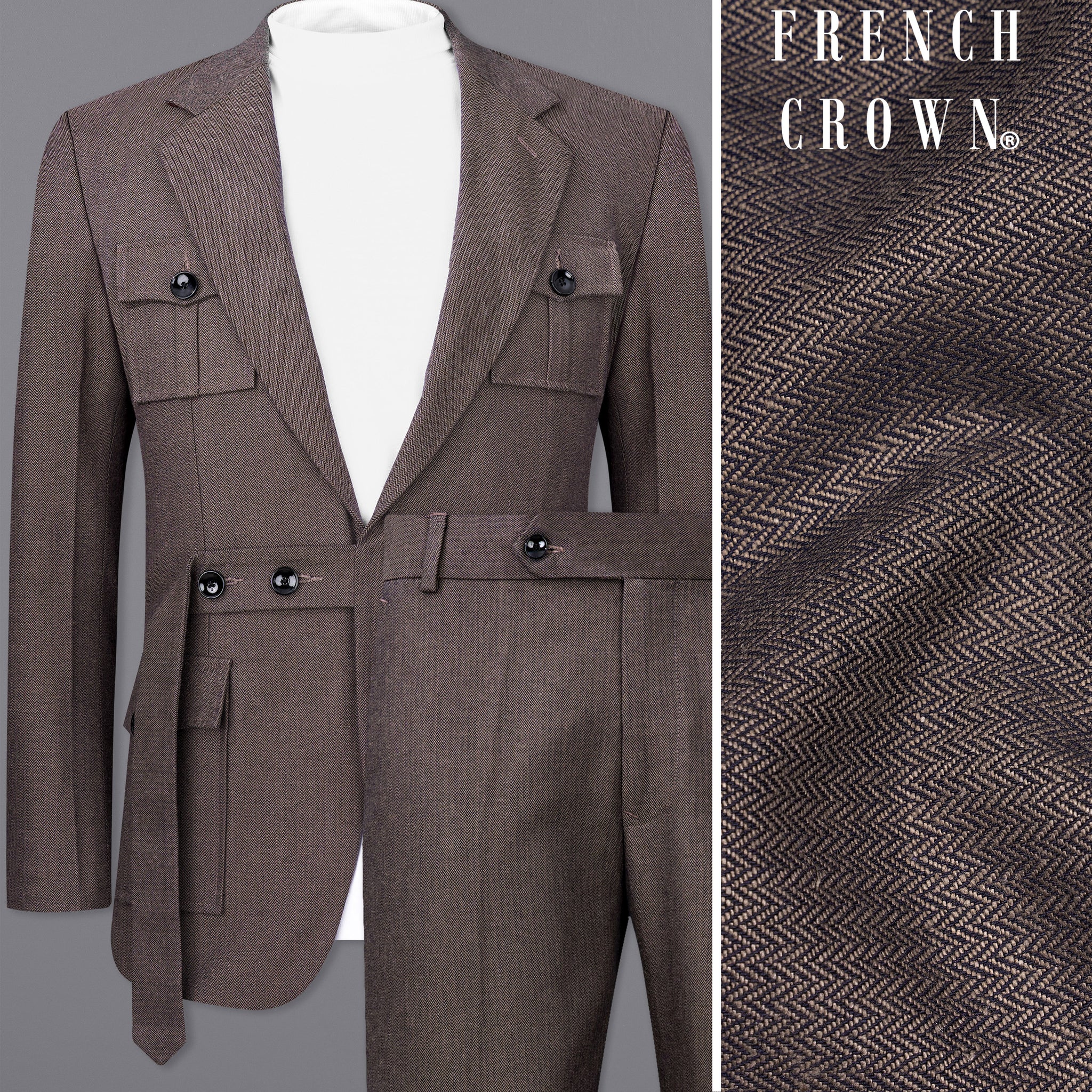 Iridium Brown Textured Premium Cotton Single-Breasted-Suits for Men.
