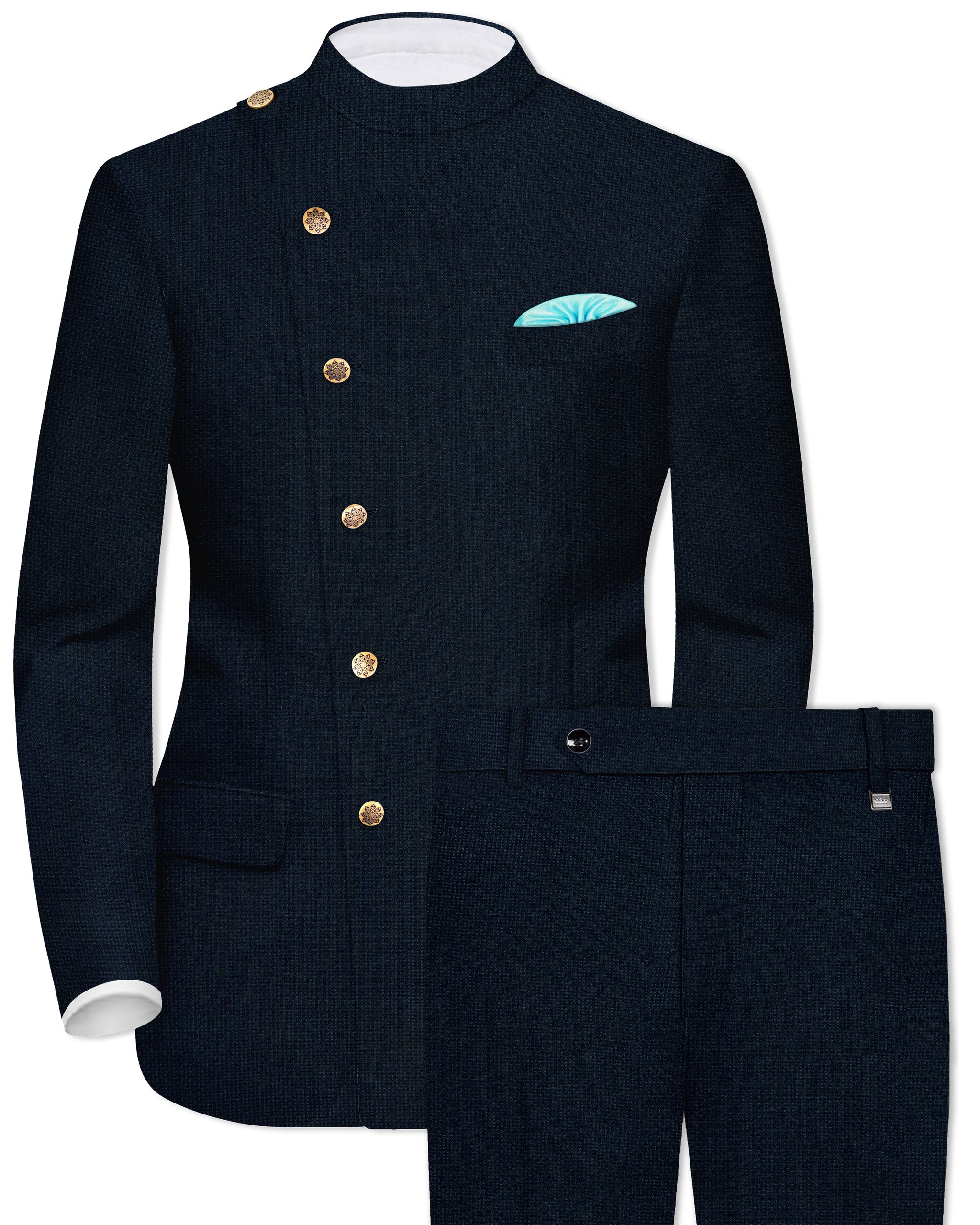 Firefly Navy Blue Textured Premium Cotton Bandhgala/Jodhpuri Suits for Men.
