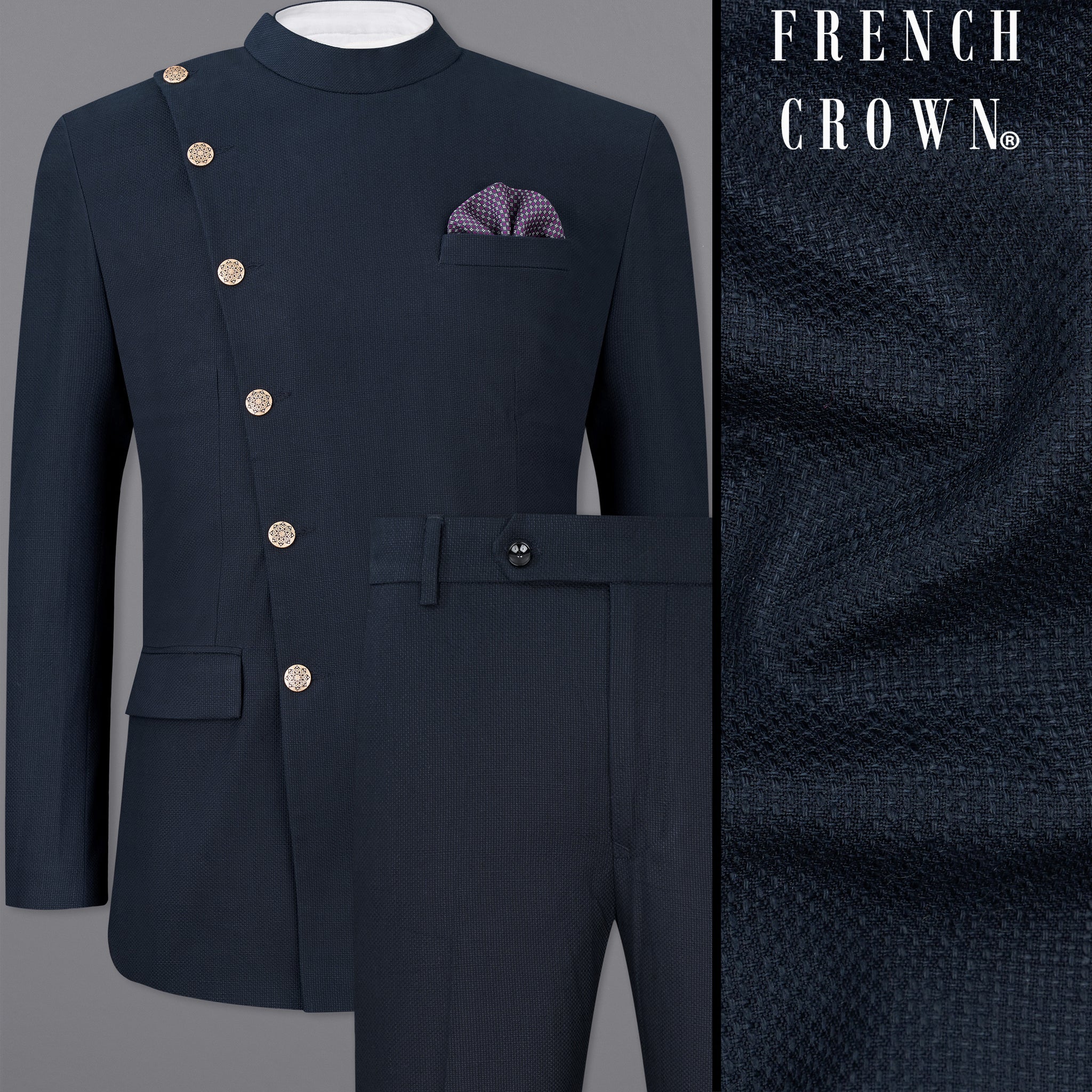 Firefly Navy Blue Textured Premium Cotton Bandhgala/Jodhpuri Suits for Men.