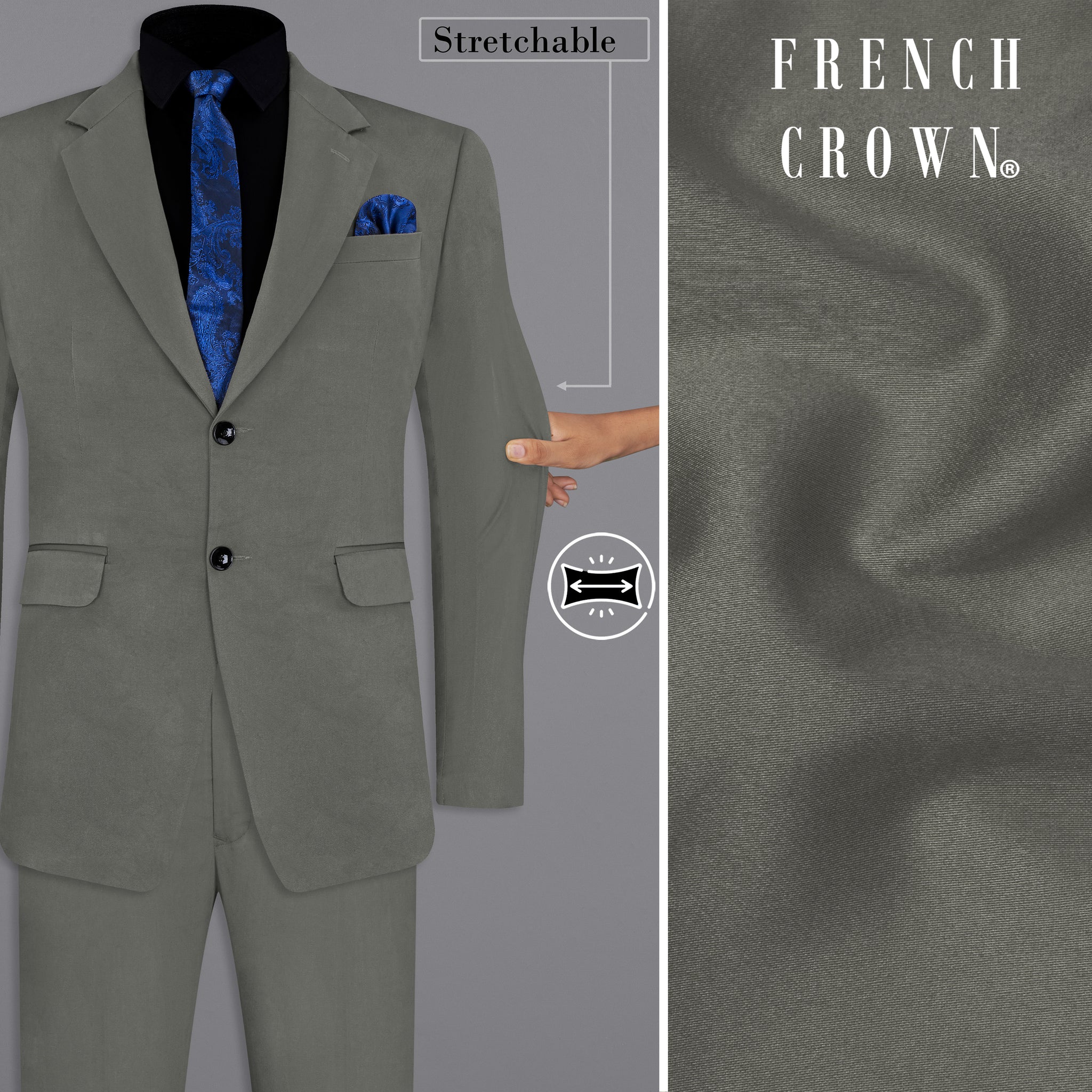 Ironside Gray Plain-Solid Premium Cotton Single Breasted Suits for Men.