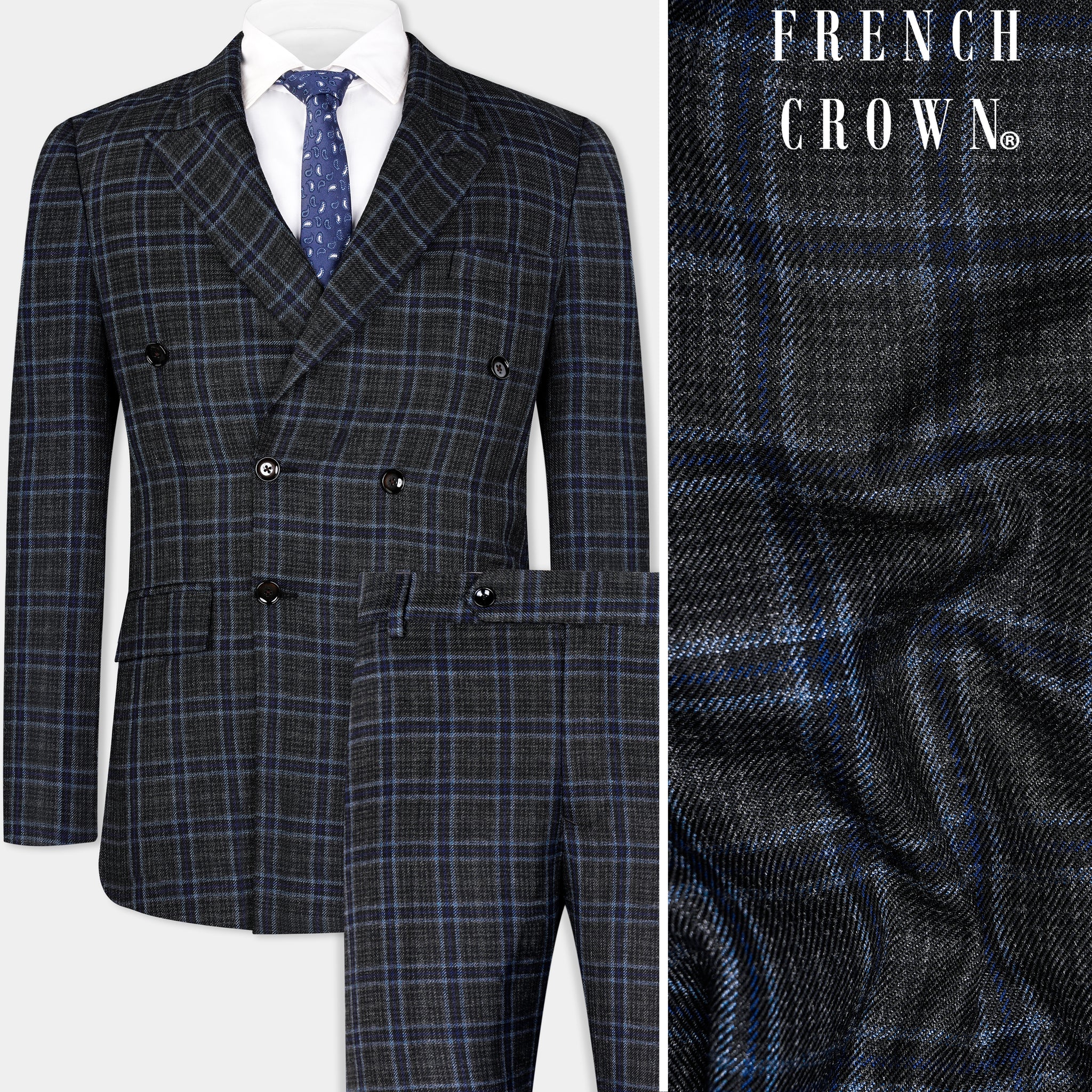 Bleached Black and Marine Blue Checks-Plaid Premium wool blend Double ...