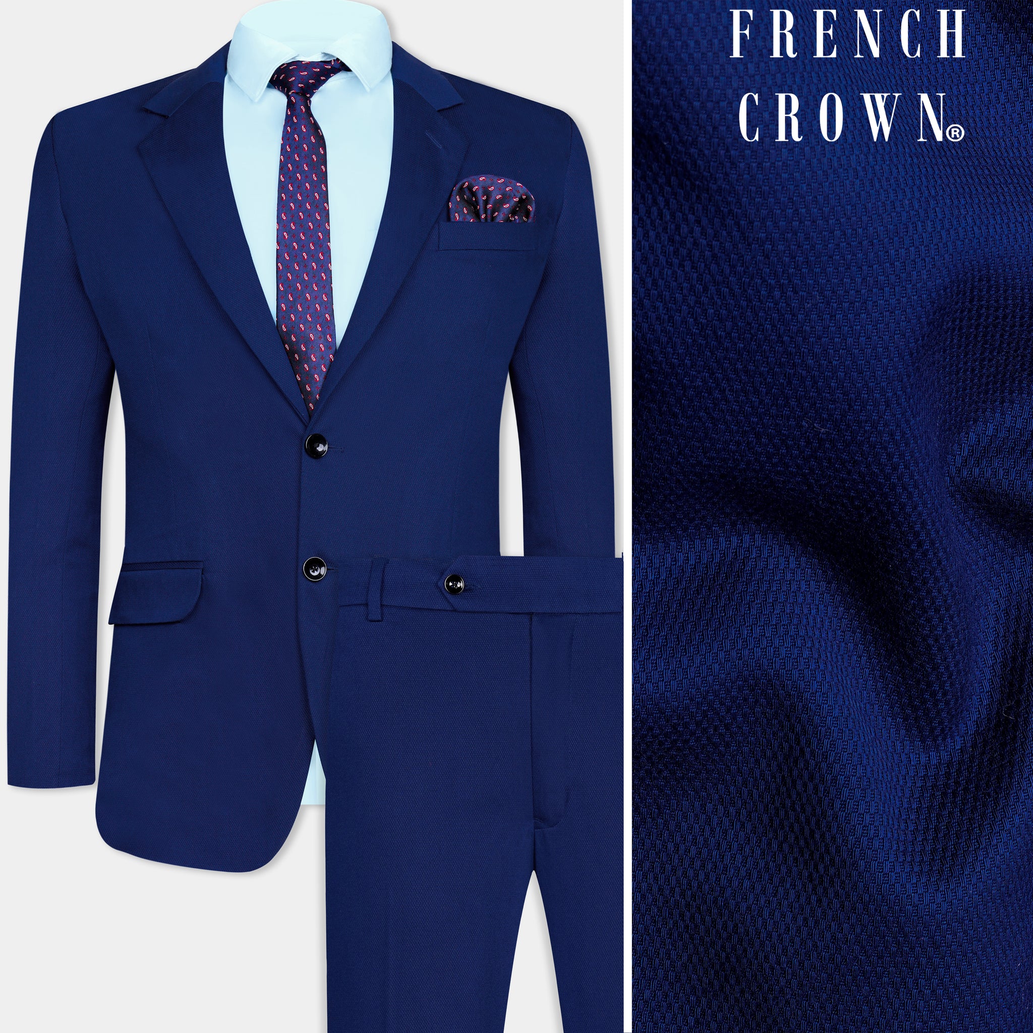 Downriver Blue Textured Premium Wool Blend Single Breasted Suits for Men.