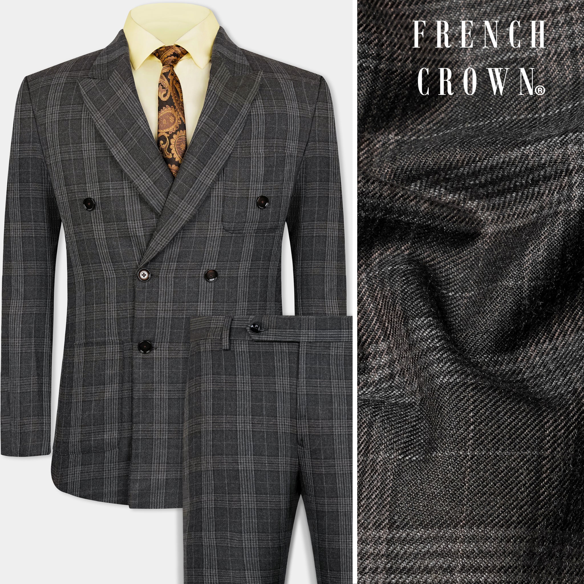 Iridium Gray Checks-Plaid Premium Wool Blend Double Breasted Suit For Men.