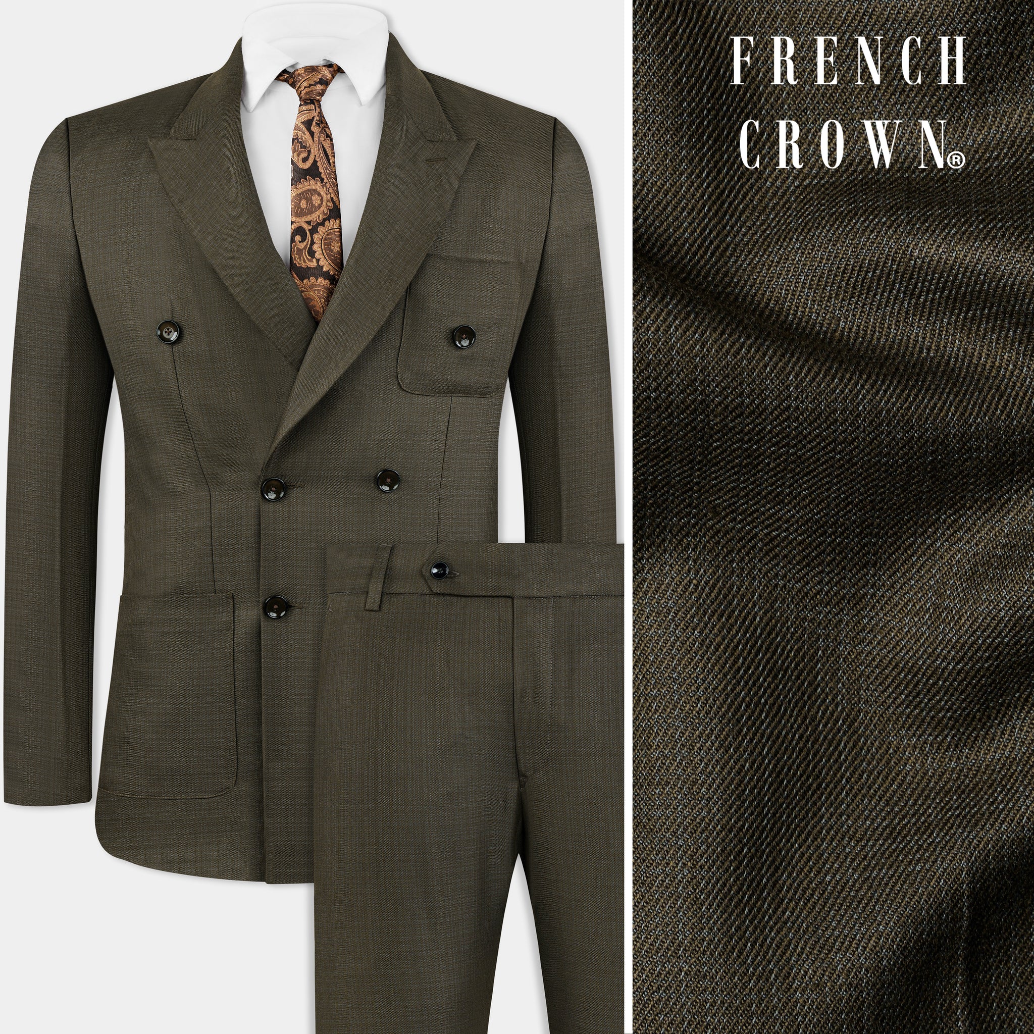 Eclipse Brown Textured Premium Wool Blend Double Breasted Suit For Men.