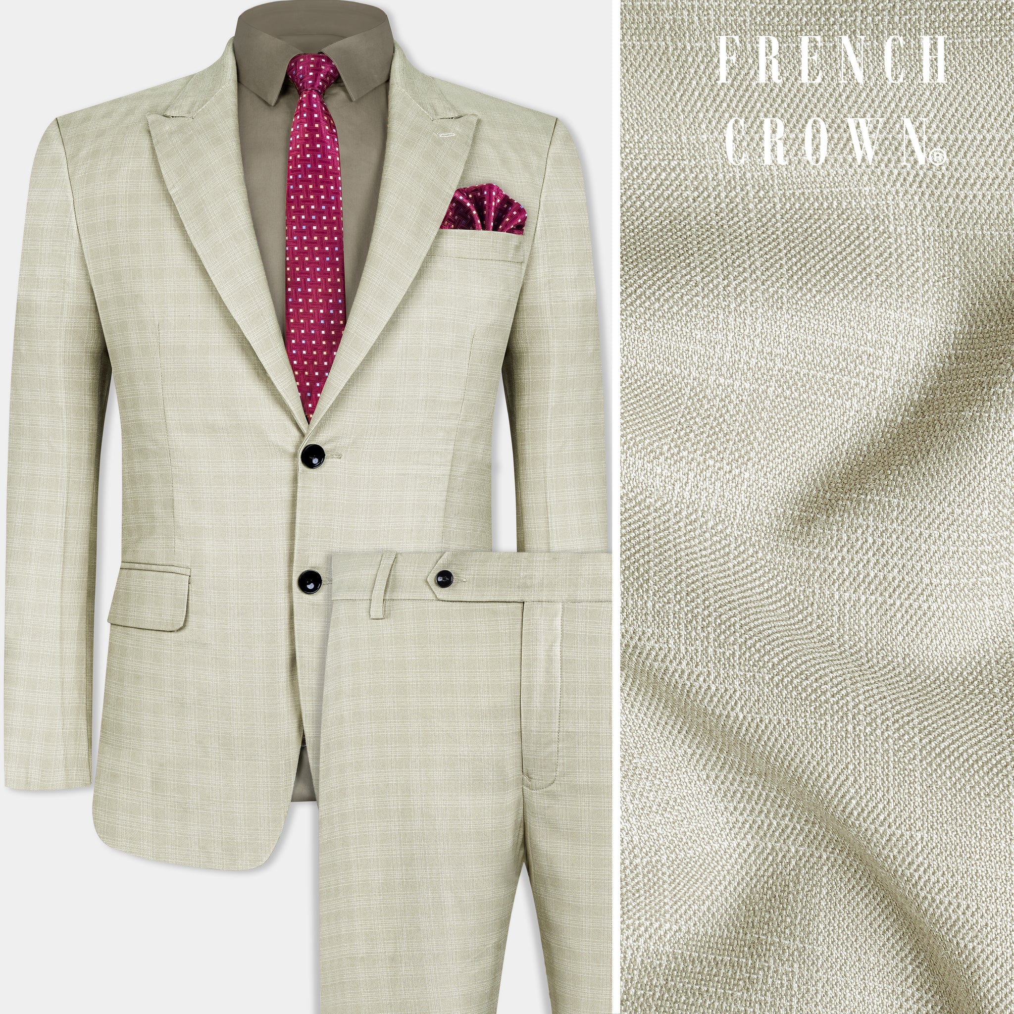 Bone Cream Textured Premium Wool Blend Single Breasted Suits For Men.