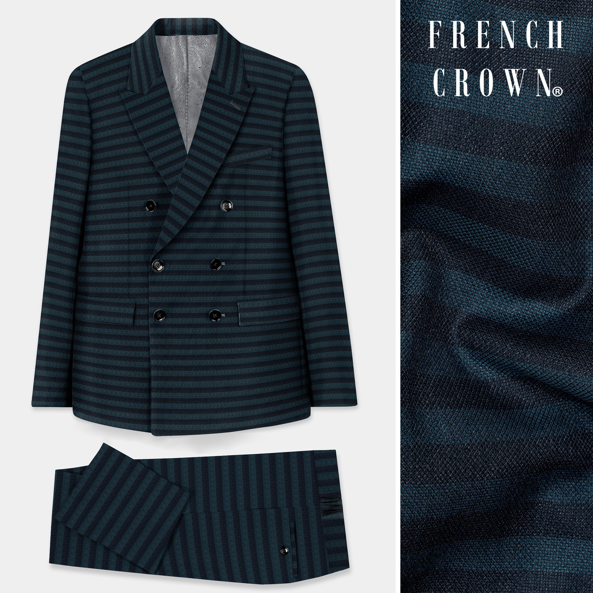 Bluish Blue And Jade Black Stripes Premium Wool Blend Double Breasted ...