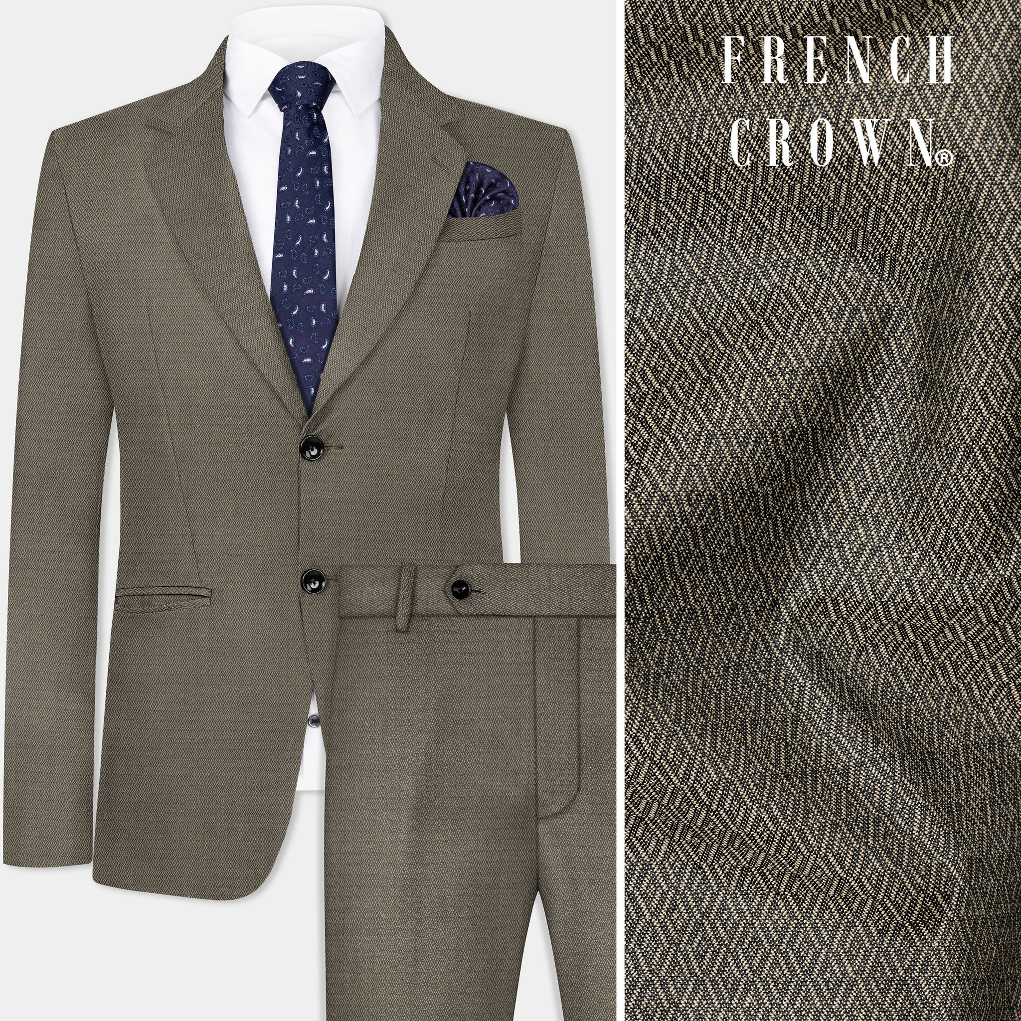 Wenge Brown Dobby Textured Premium Wool Blend Single Breasted Suit For Men.